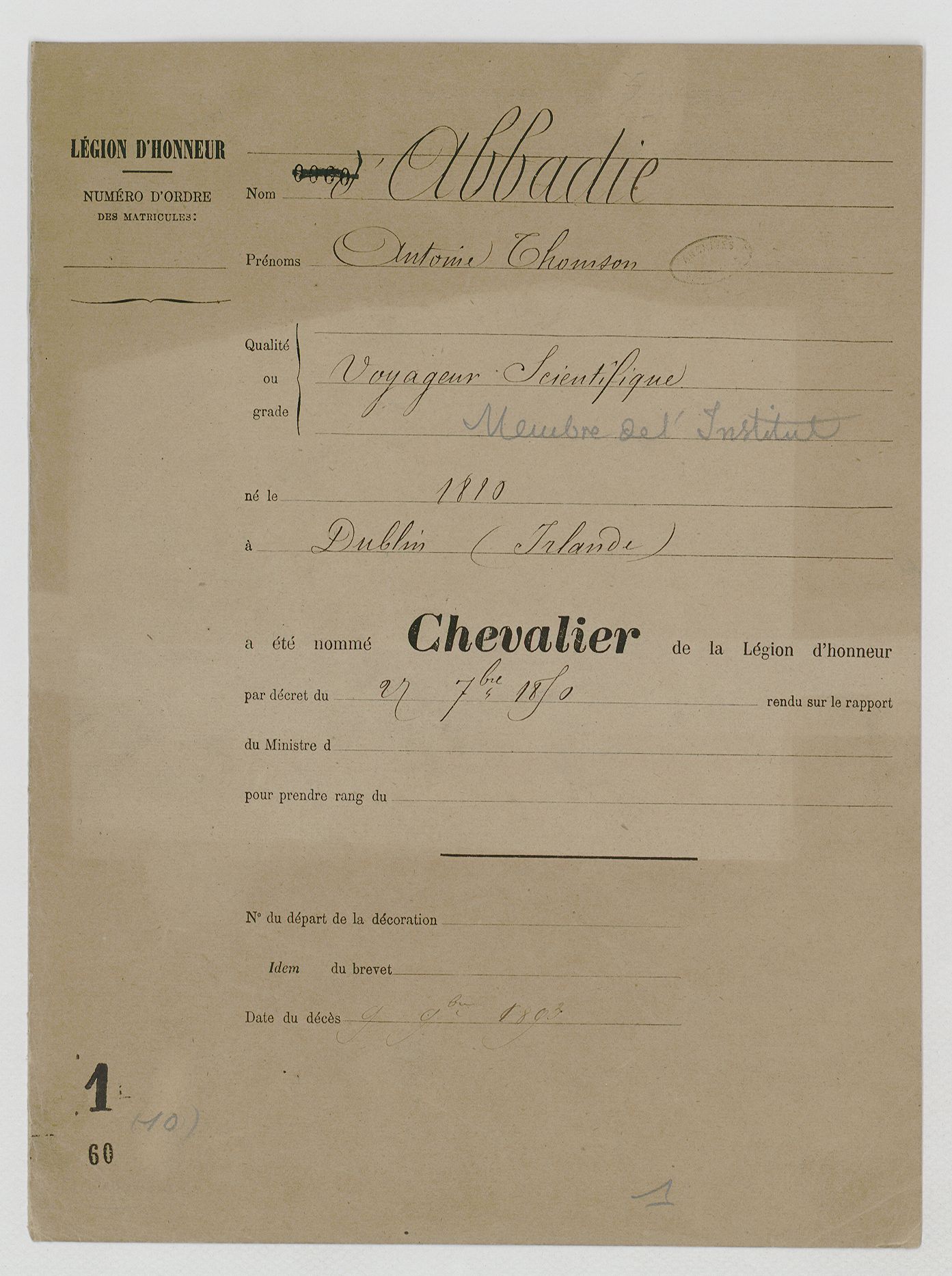 Abbadie, Antoine Thomson (1810-1897) (FranceArchives)