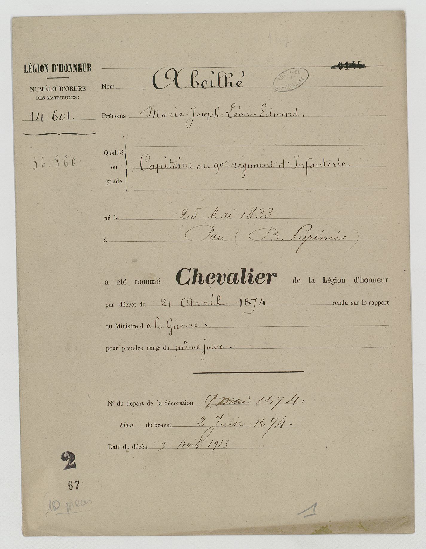 Abeilhe, Marie Joseph Léon Edmond (1833-....) (FranceArchives)