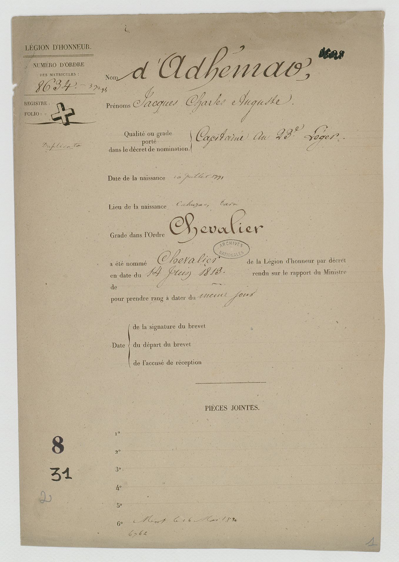 Adhemar D', Jacques Charles Auguste (1771-....) (FranceArchives)