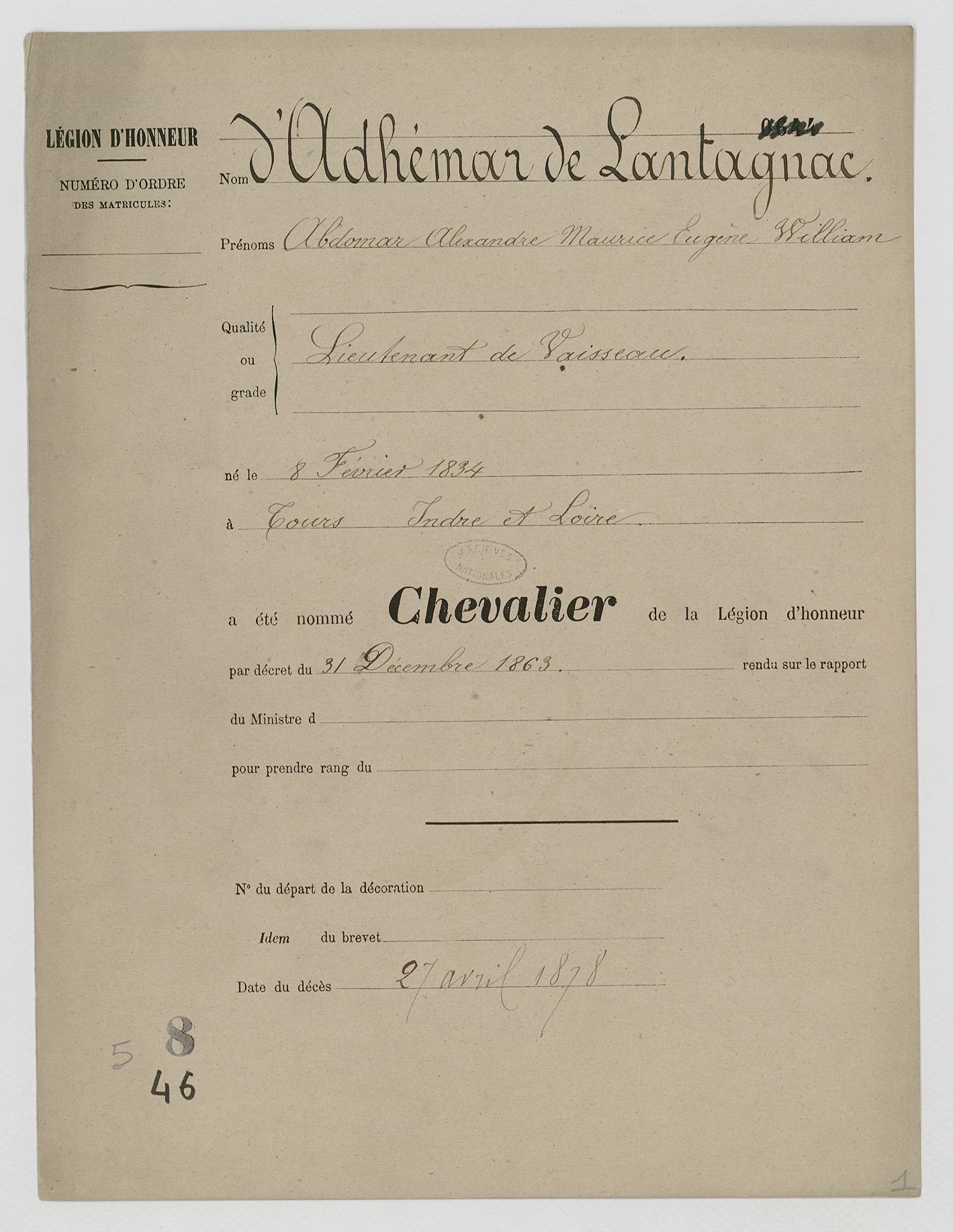 Adhemar De Lamtagnac D', Adhomar Alexandre Maurice Eugène (1834 ...