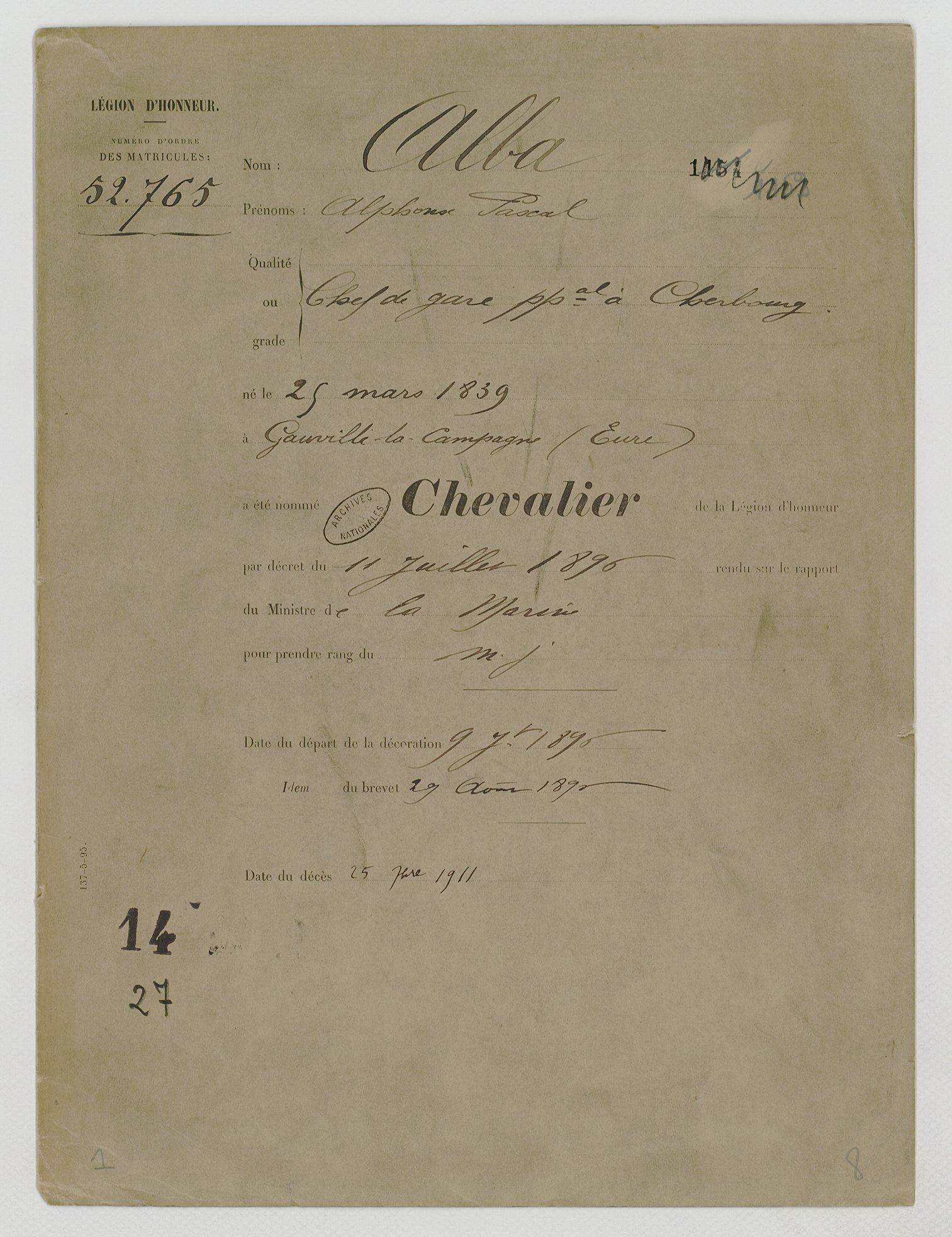 Alba, Alphonse Pascal (1839-....) (FranceArchives)