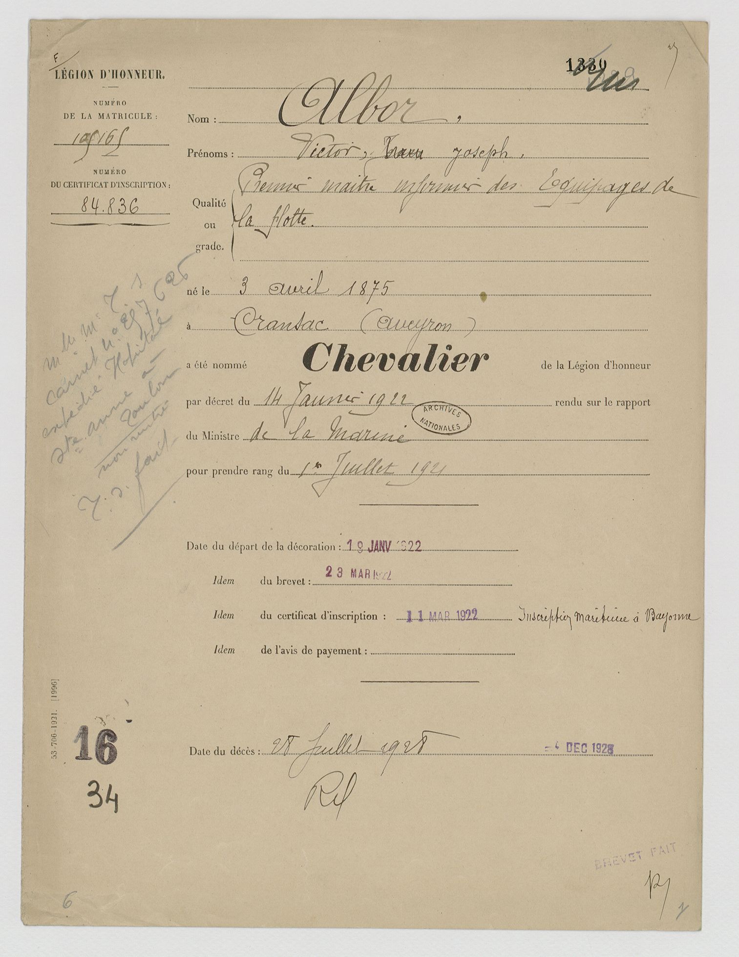 Albor, Victor Joseph (1875-....) (FranceArchives)