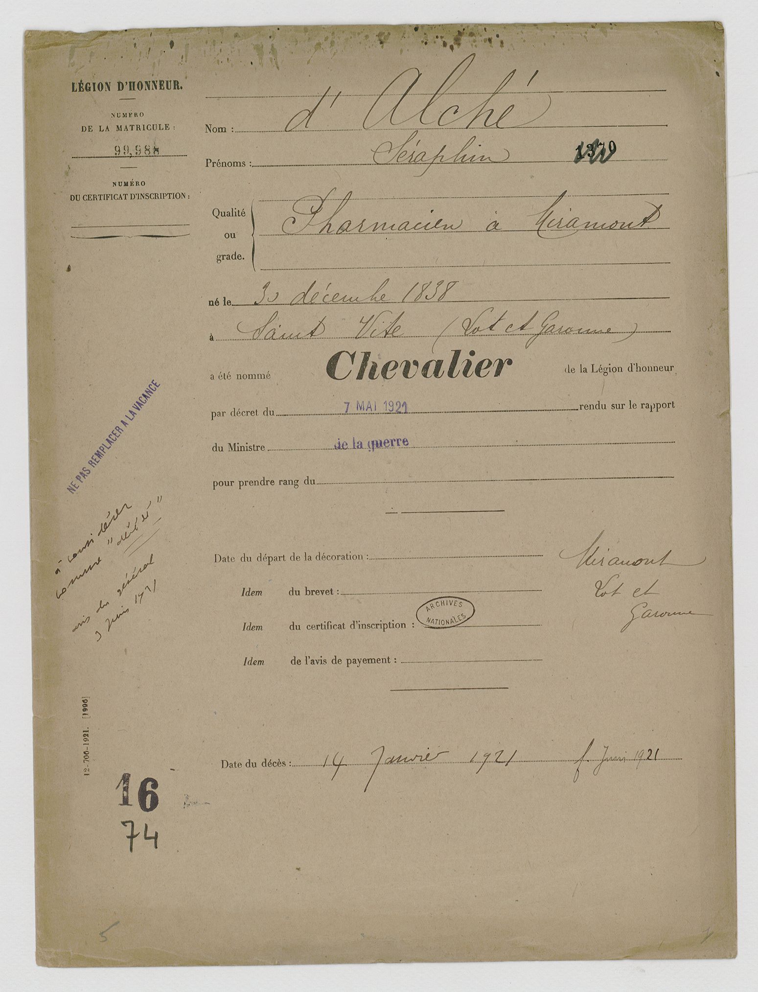 Alche D', Séraphin (1838-....) (FranceArchives)