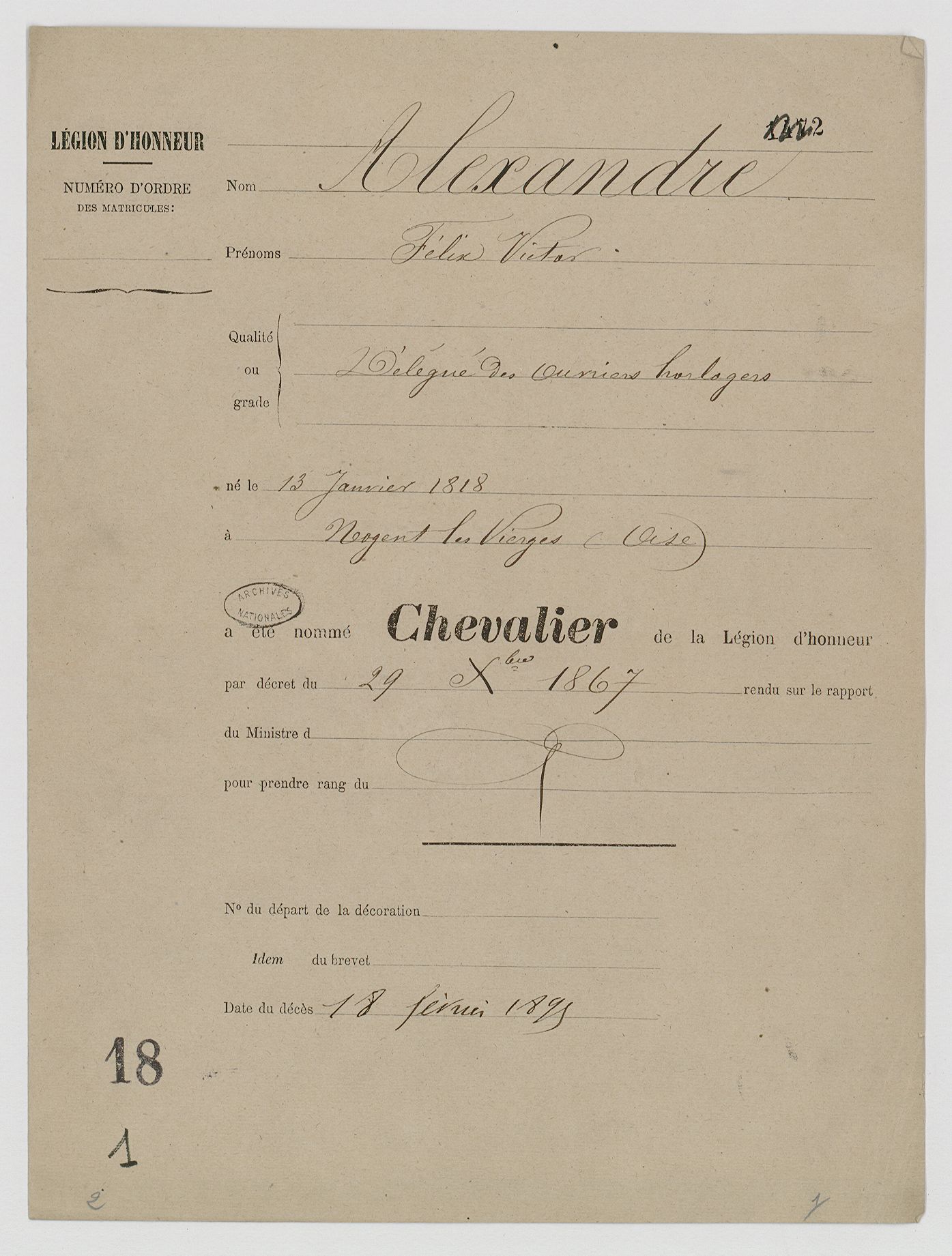 Alexandre, Félix Victor (1818-....) (FranceArchives)