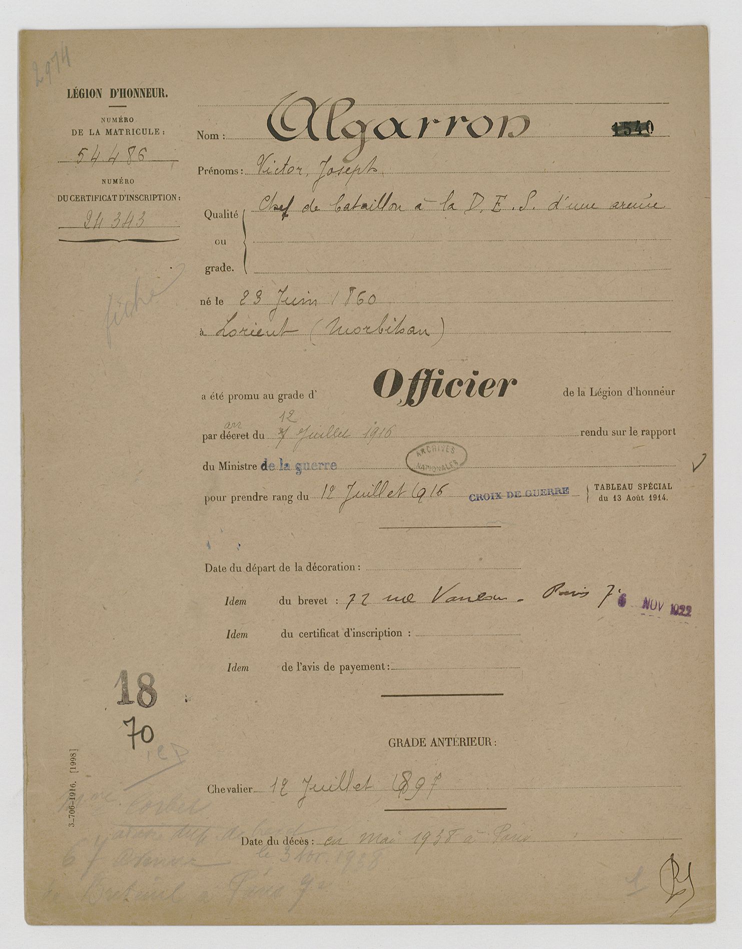 Algarron, Victor Joseph (1860-....) (FranceArchives)