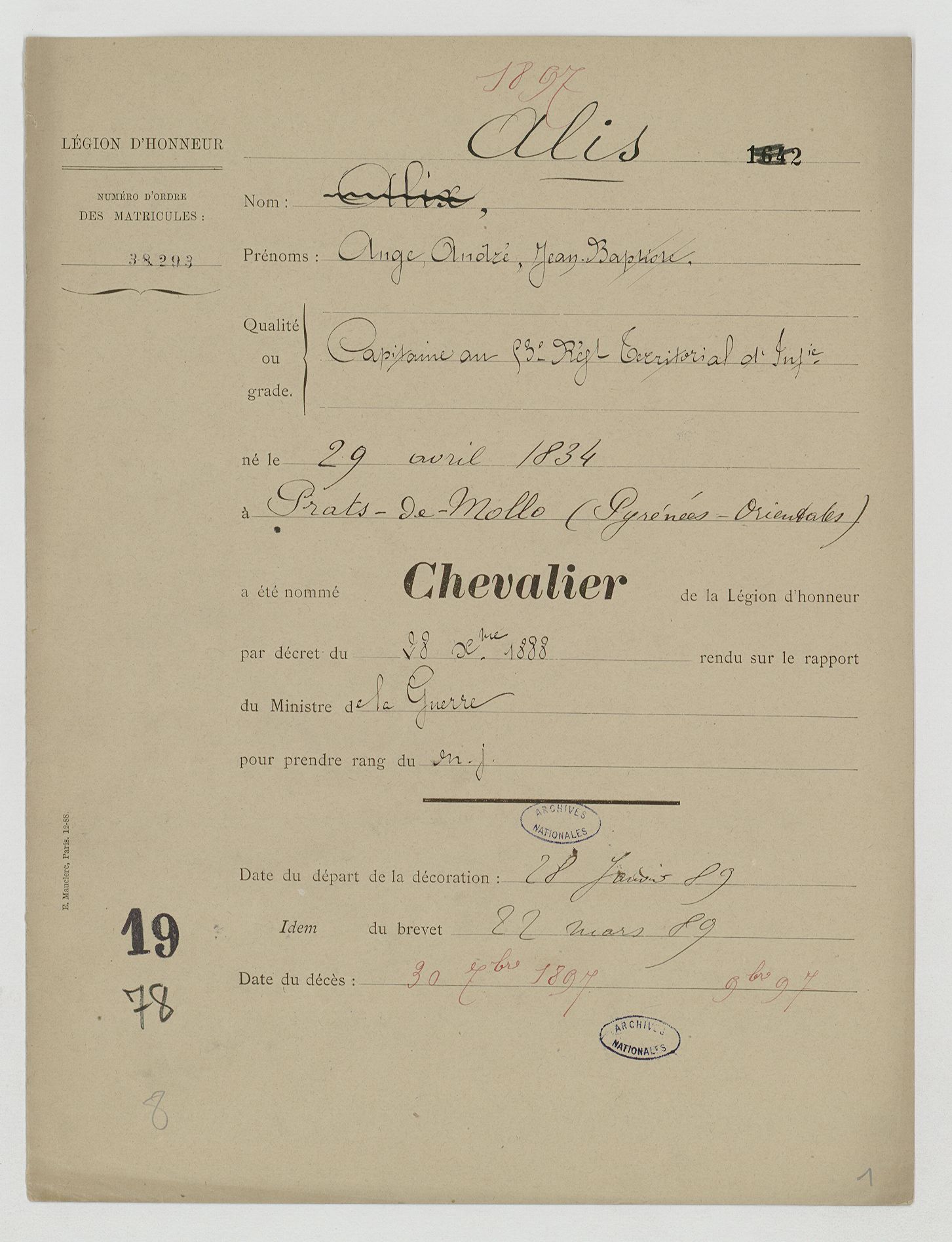 Alis, Ange André Jean (1834-....) (FranceArchives)