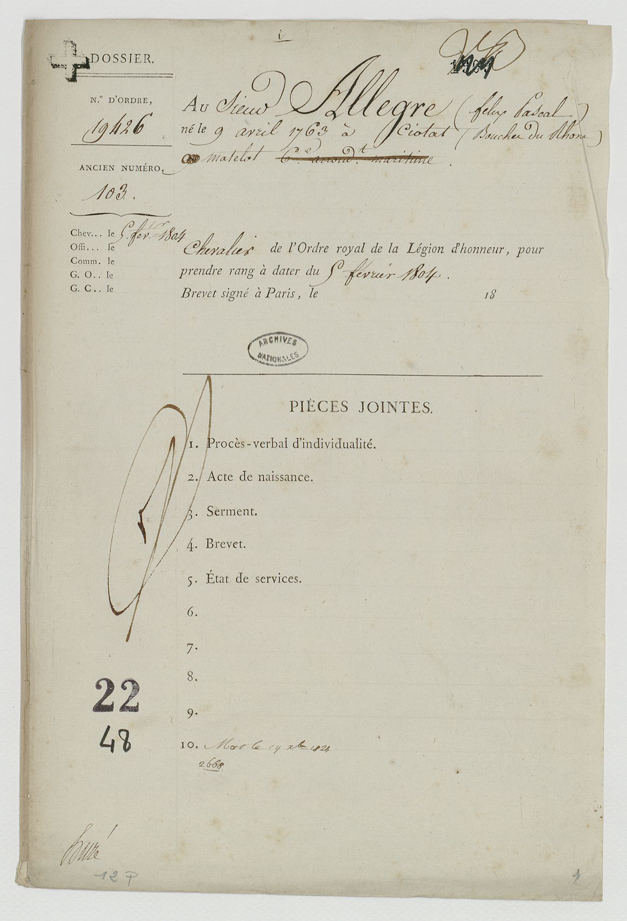 Allegre, Félix Pascal (1763-....) (FranceArchives)