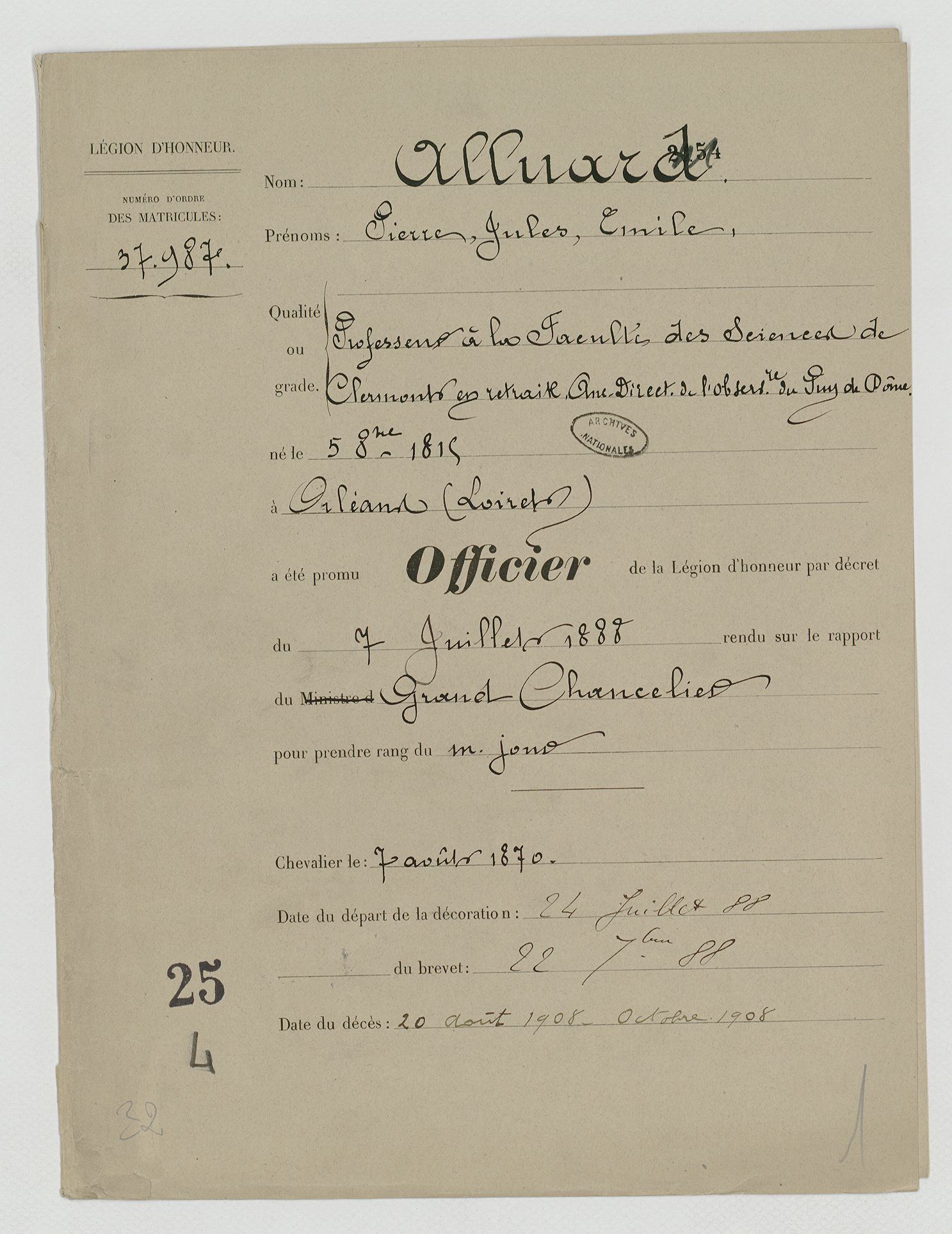 Alluard, Pierre Jules Emile (1815-....) (FranceArchives)