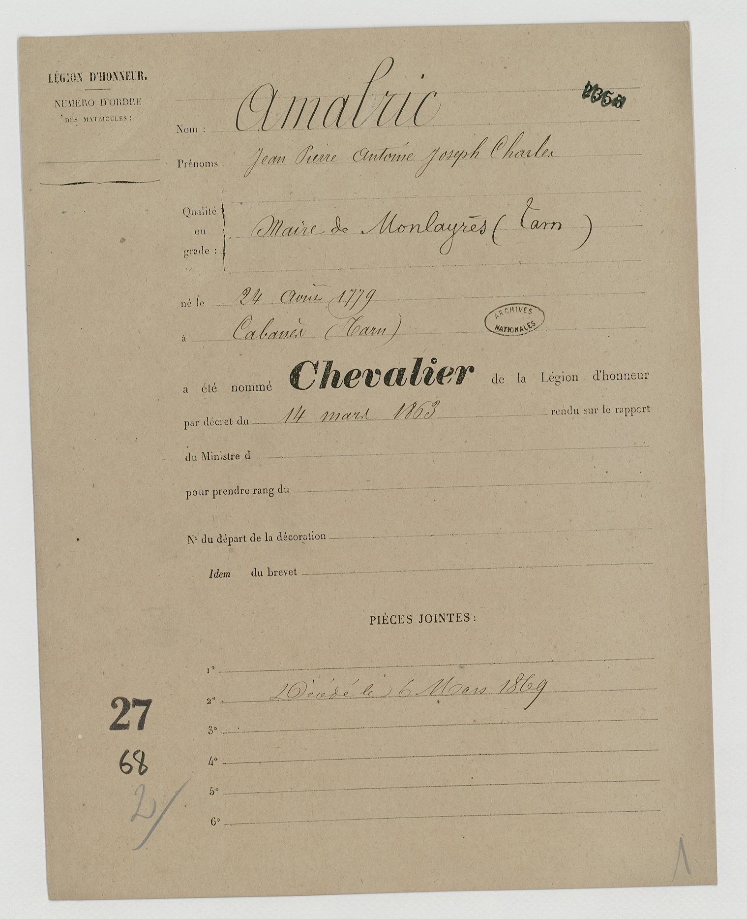 Almaric, Jean Pierre Antoine Joseph (1779-....) (FranceArchives)