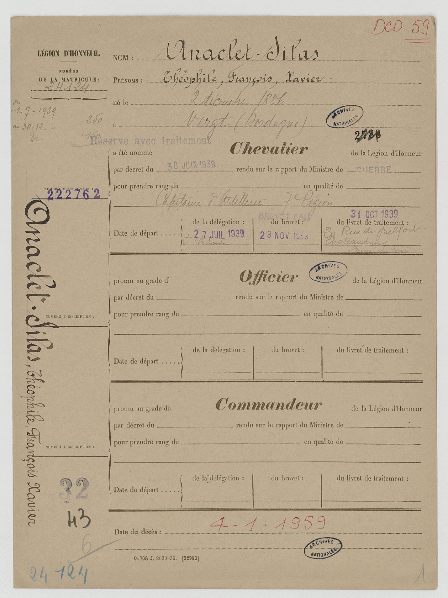 Anaclet-silas, Théophile François Xavier (1886-....) (FranceArchives)