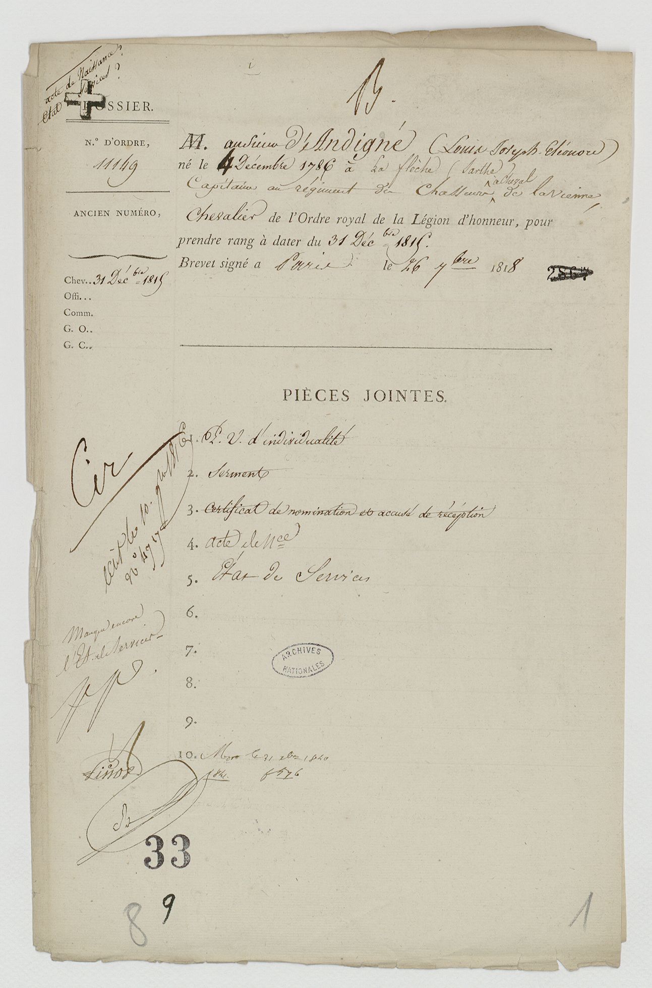 Andigne D', Louis Joseph Eleonor (1786-....) (FranceArchives)