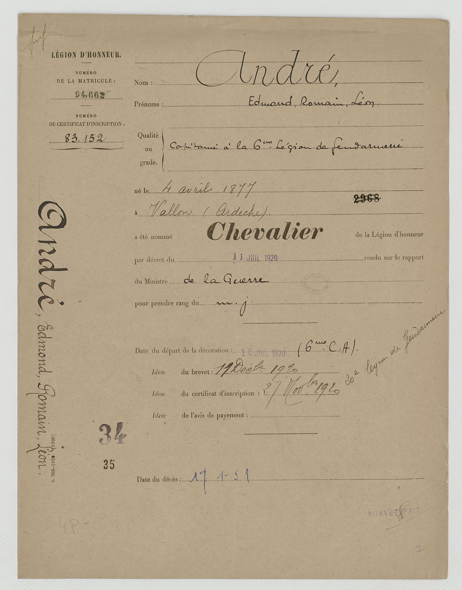 Andre, Edmond Romain Léon (1877-....) (FranceArchives)