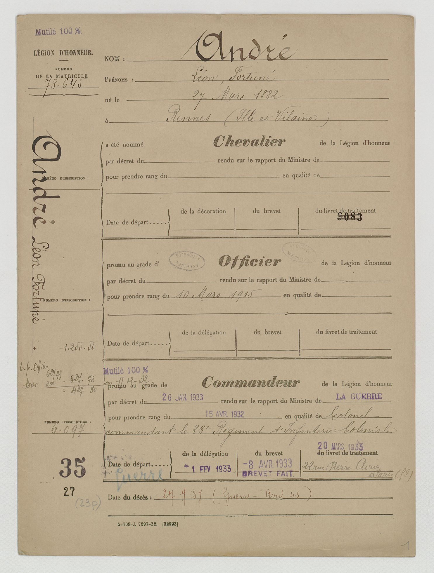 Andre, Léon Fortune (1882-....) (FranceArchives)