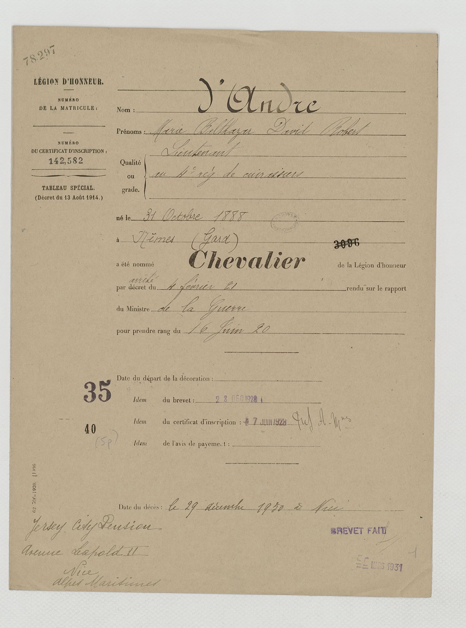 Andre D', Marie Balthasar David Robert (1888-....) (FranceArchives)