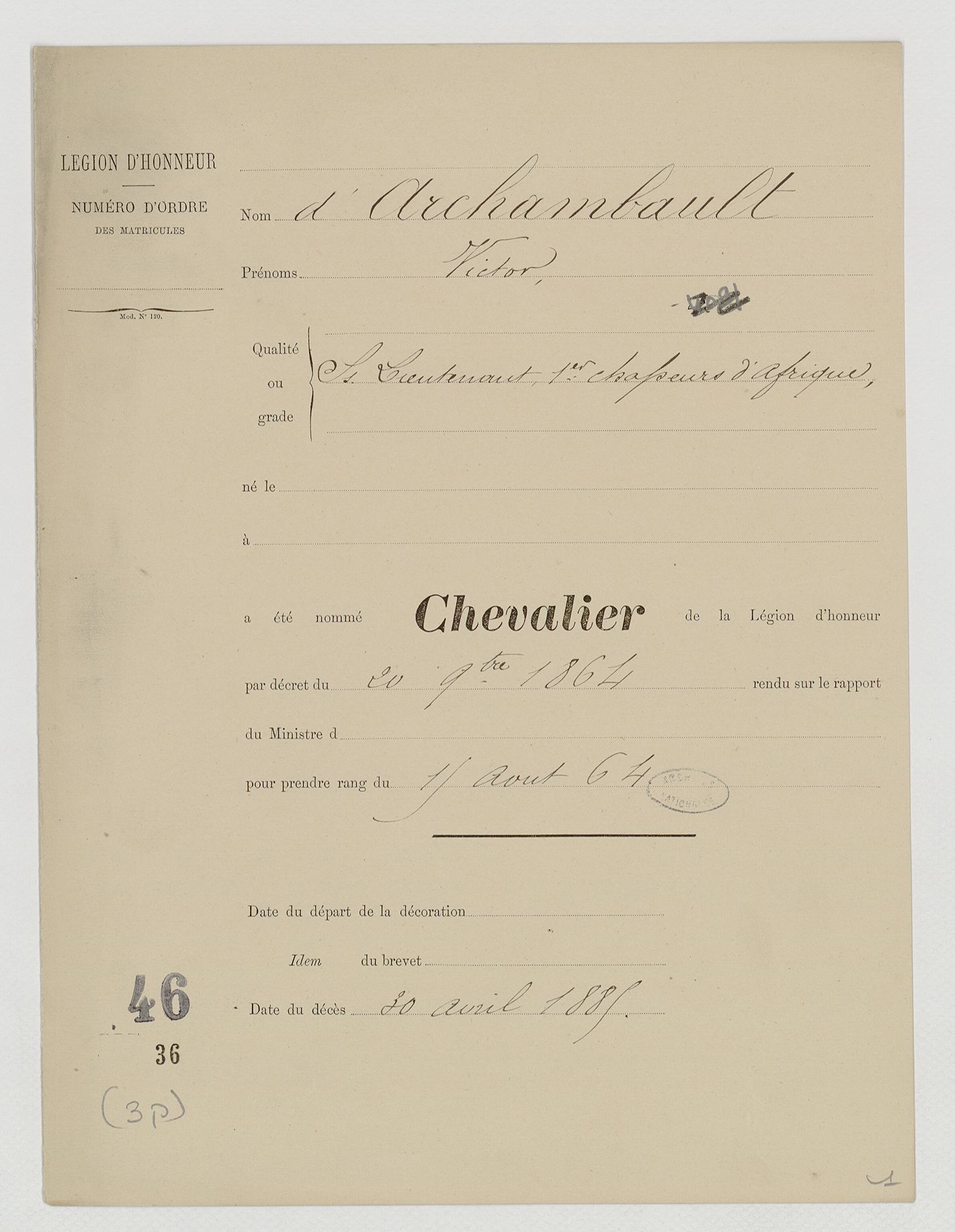 Archambault D', Victor (....-....) (FranceArchives)