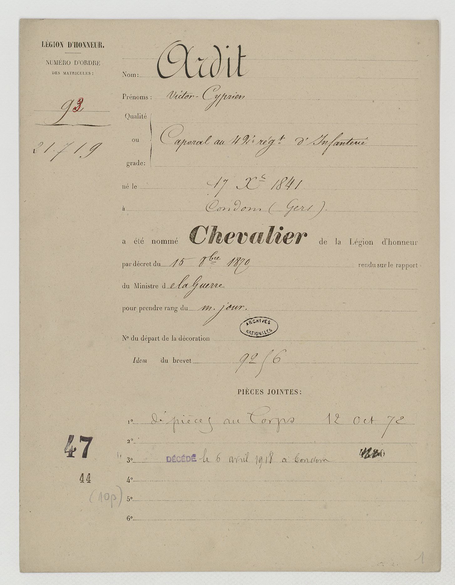 Ardit, Victor Cyprien (1841-....) (FranceArchives)