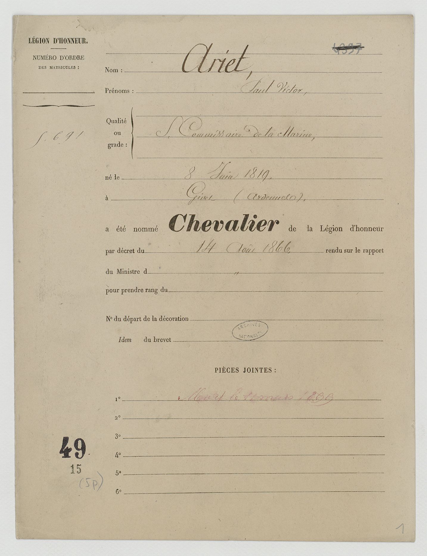 Ariet, Paul Victor (1819-....) (FranceArchives)