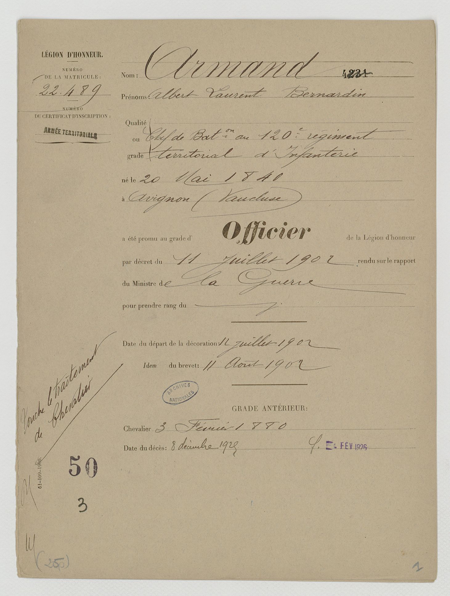 Armand, Albert Laurent Bernardin (1840-....) (FranceArchives)