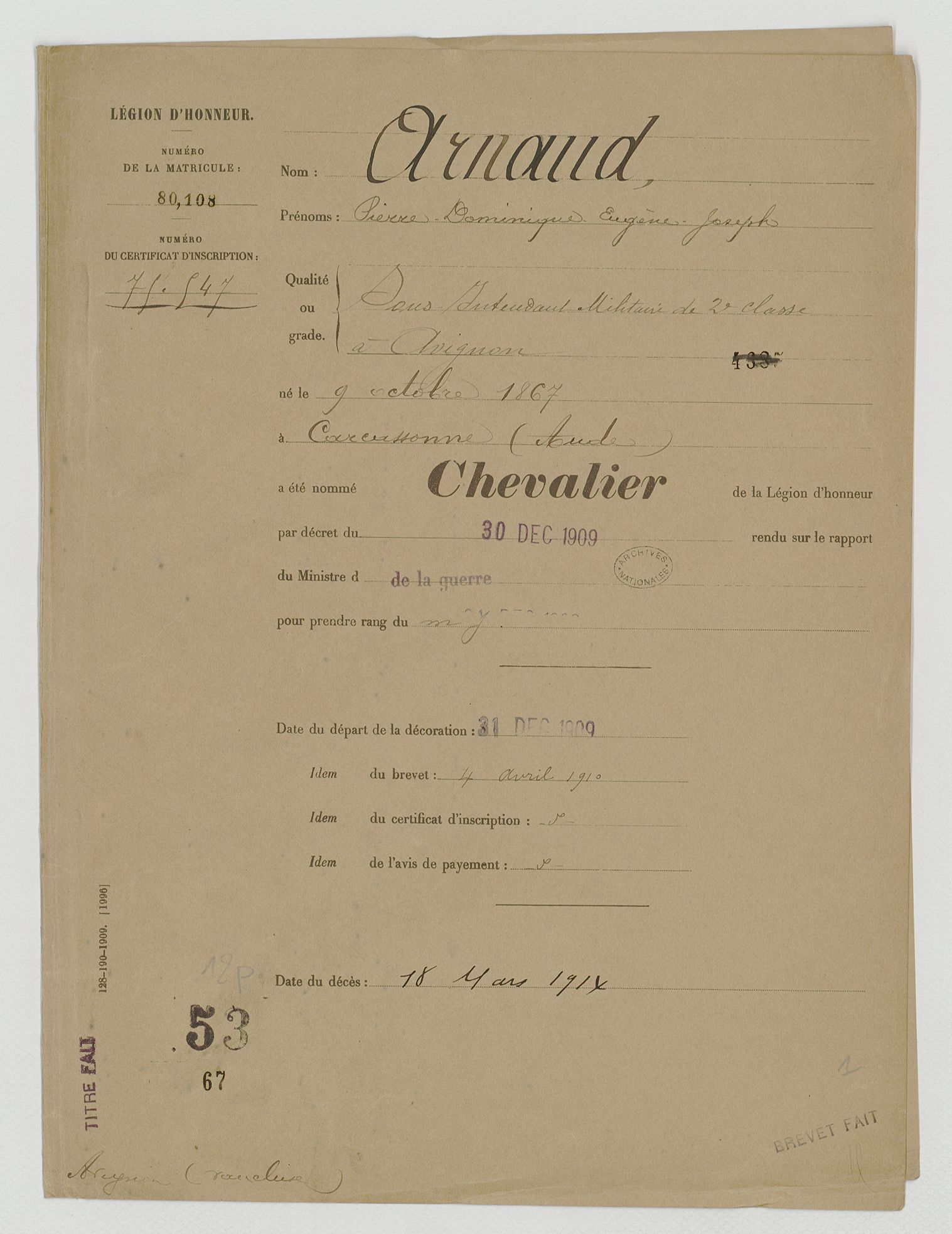 Arnaud, Pierre Dominique Eugène (1867-....) (FranceArchives)