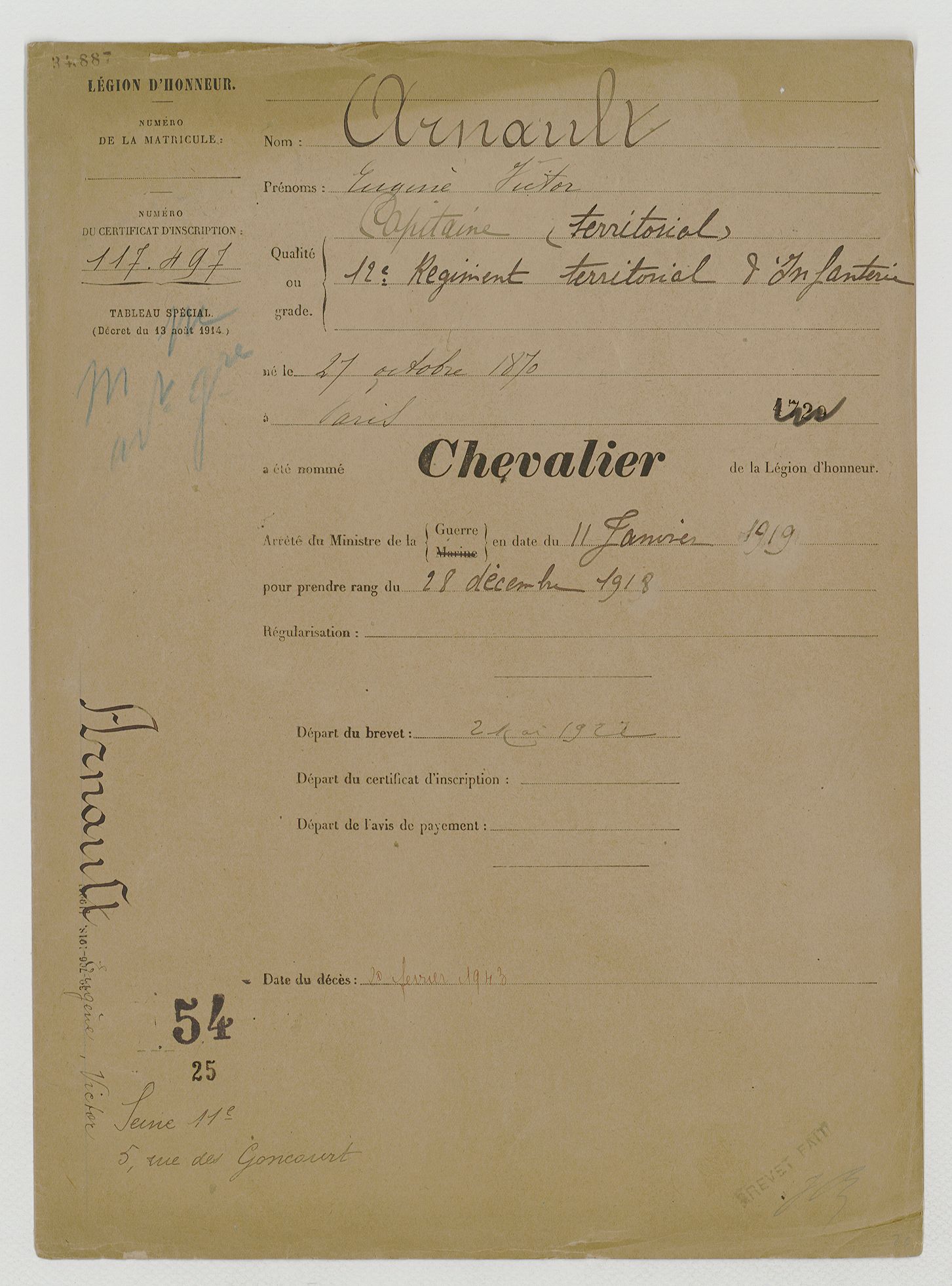 Arnault, Eugène Victor (1870-....) (FranceArchives)