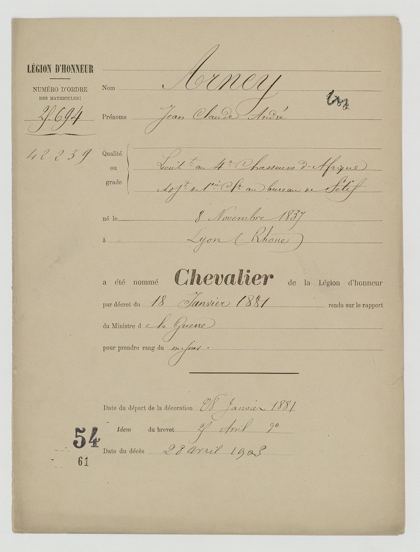 Arney, Jean Claude André (1837-....) (FranceArchives)