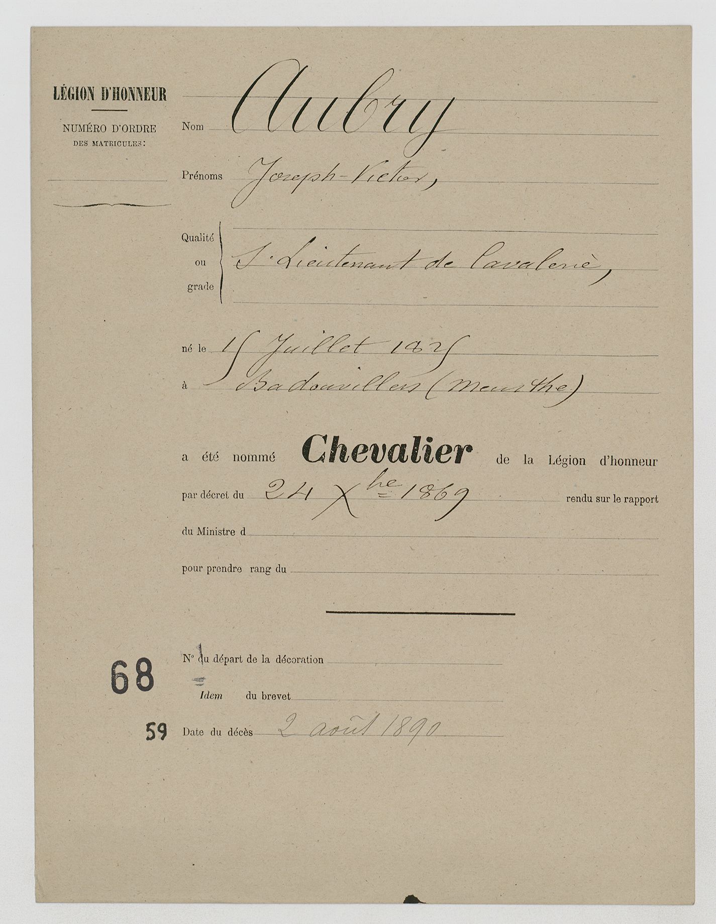 Aubry, Joseph Victor (1825-....) (FranceArchives)