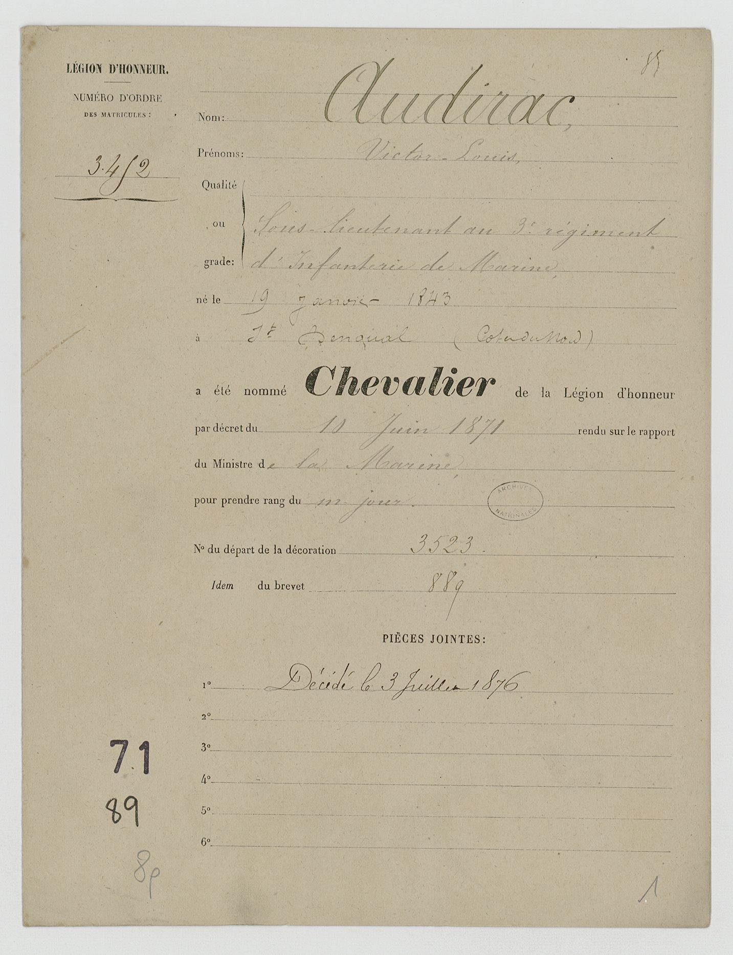 Audirac, Victor Louis (1843-....) (FranceArchives)