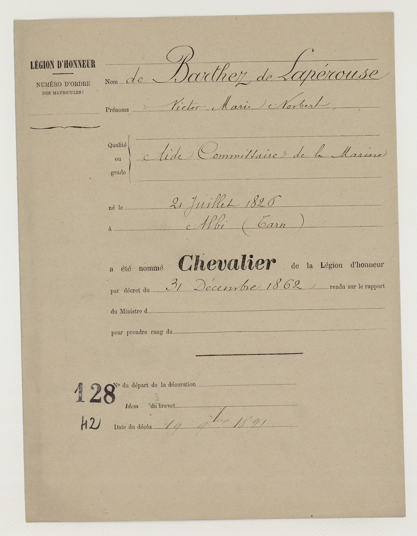 Barthez De La Perouse De, Victor Marie Norbert (1826-1891) (FranceArchives)