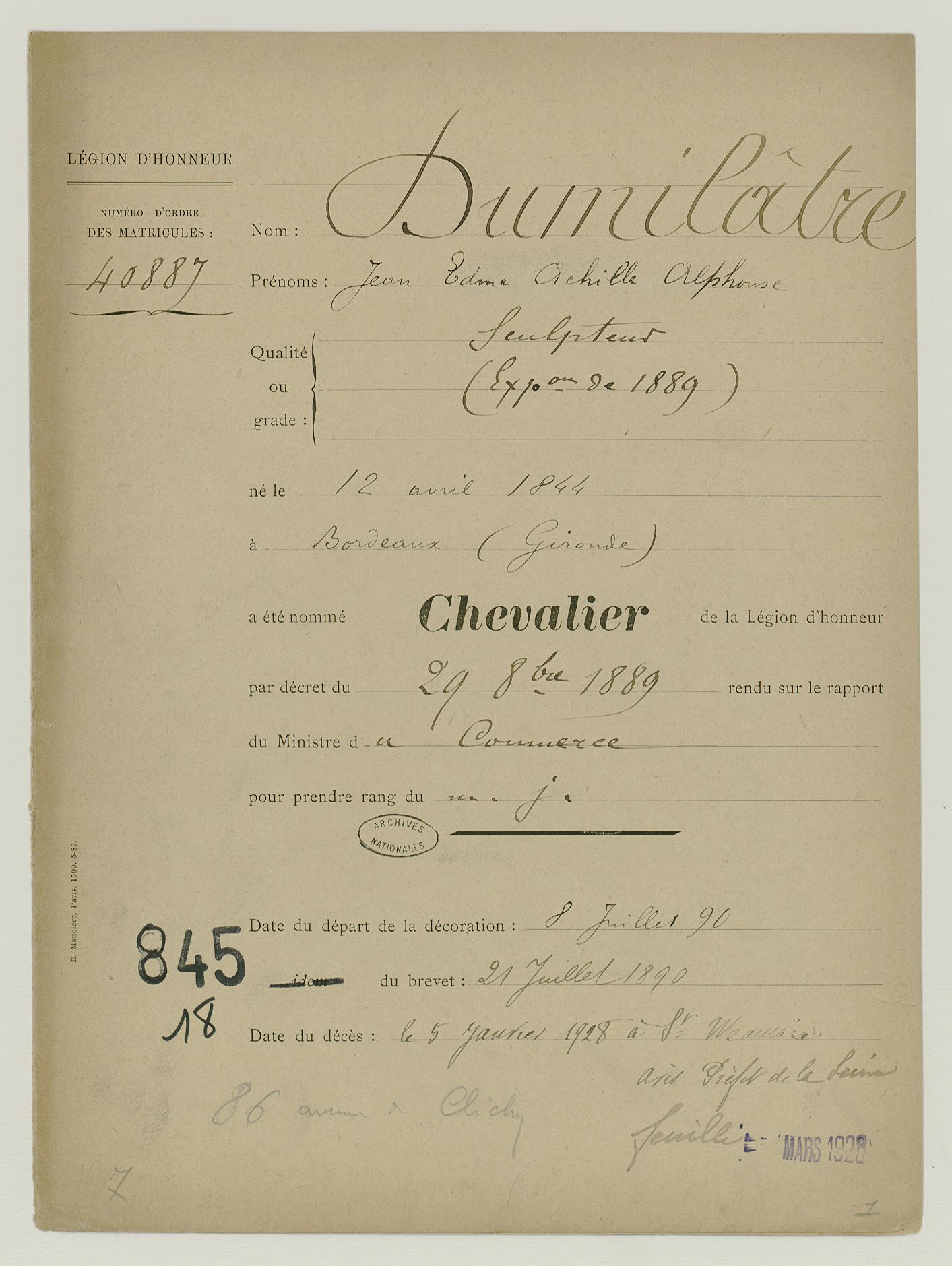 Dumilatre, Jean Edme Achille Alphonse (1844-1928) (FranceArchives)