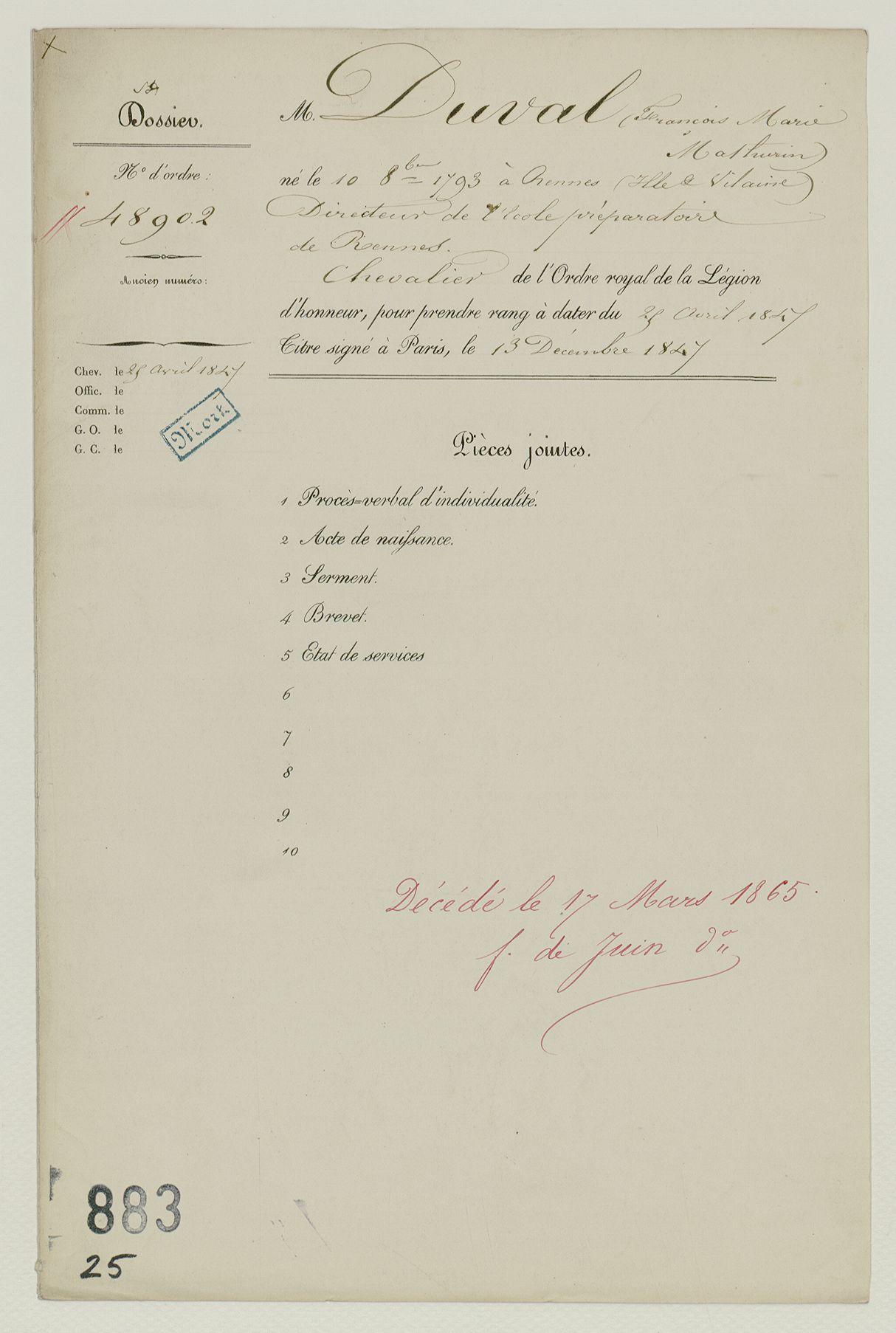 Duval, François Marie Mathurin (1793-....) (FranceArchives)