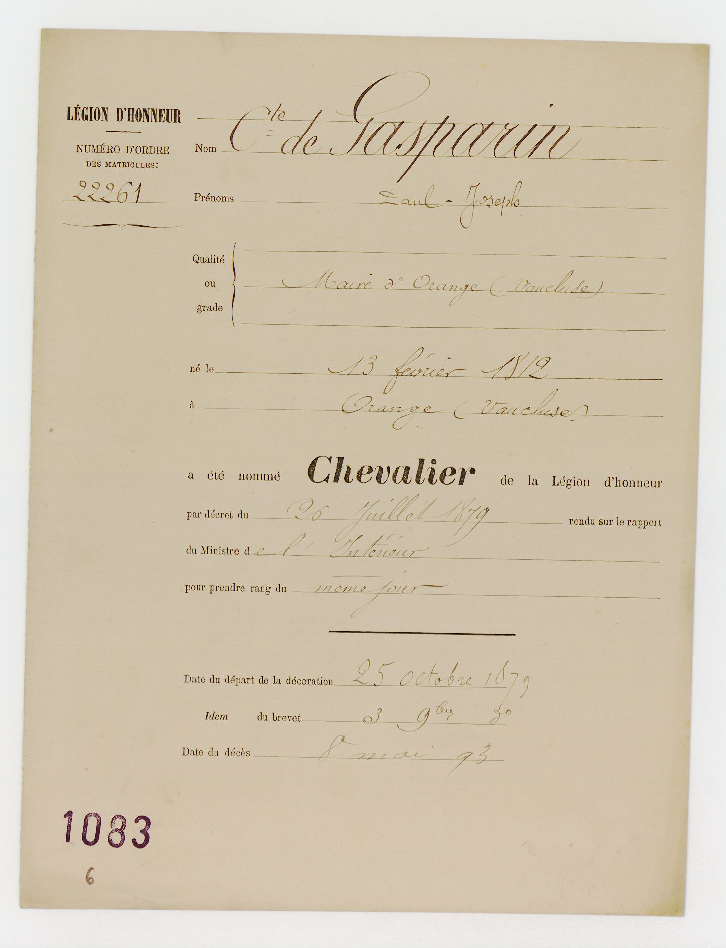 Gasparin De, Paul Joseph (1812-....) (FranceArchives)