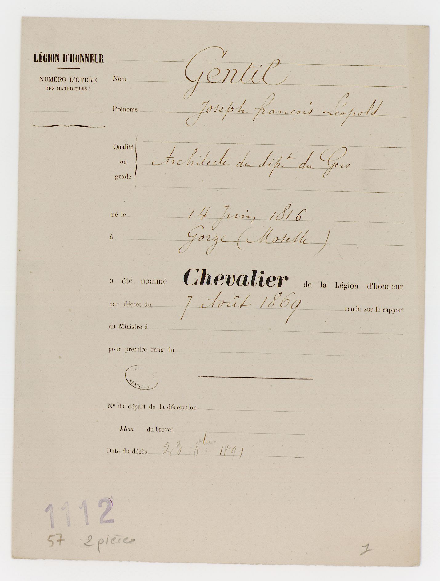 Gentil, Joseph François Léopold (1816-....) (FranceArchives)