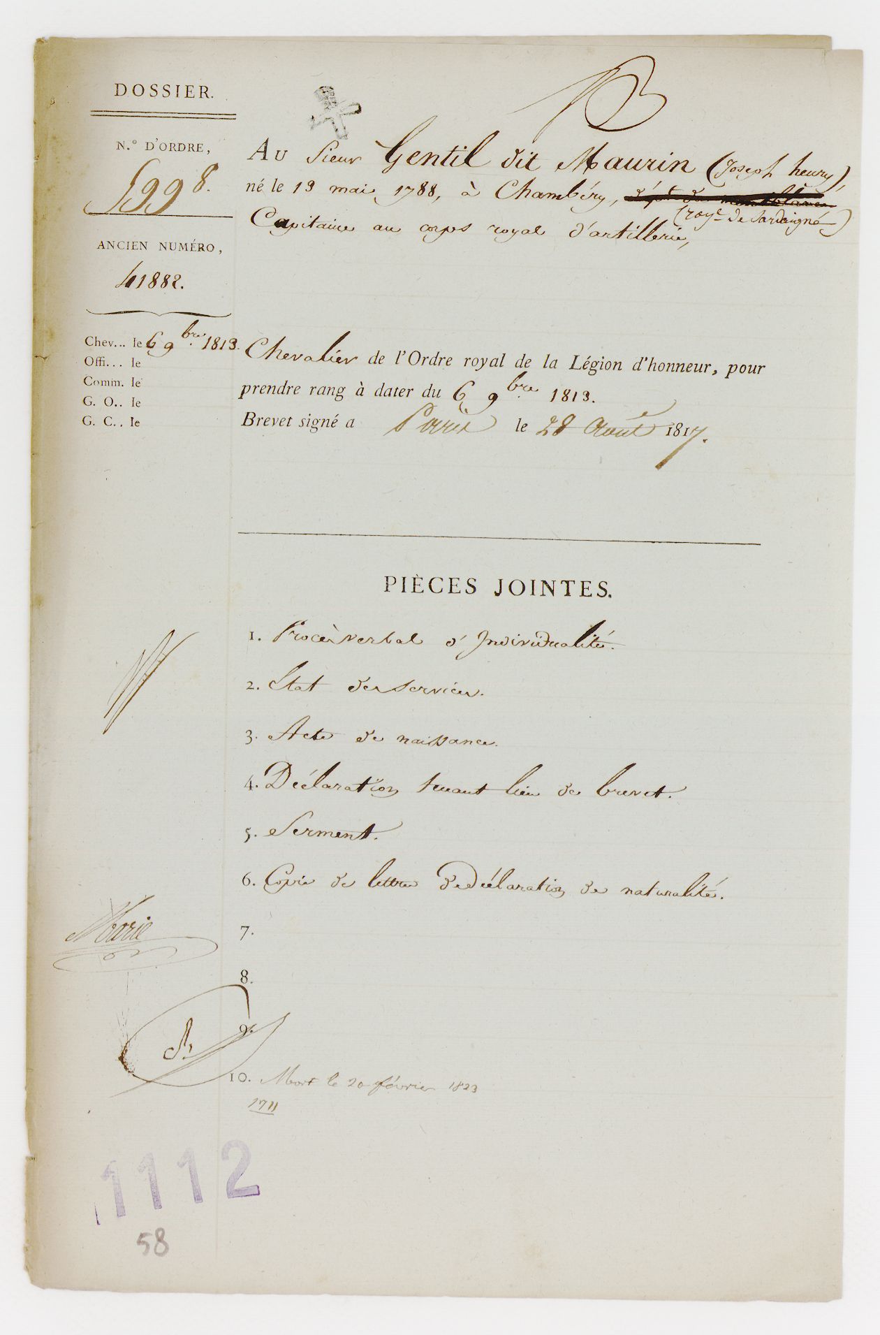 Gentil, Joseph Henry (1788-....) (FranceArchives)