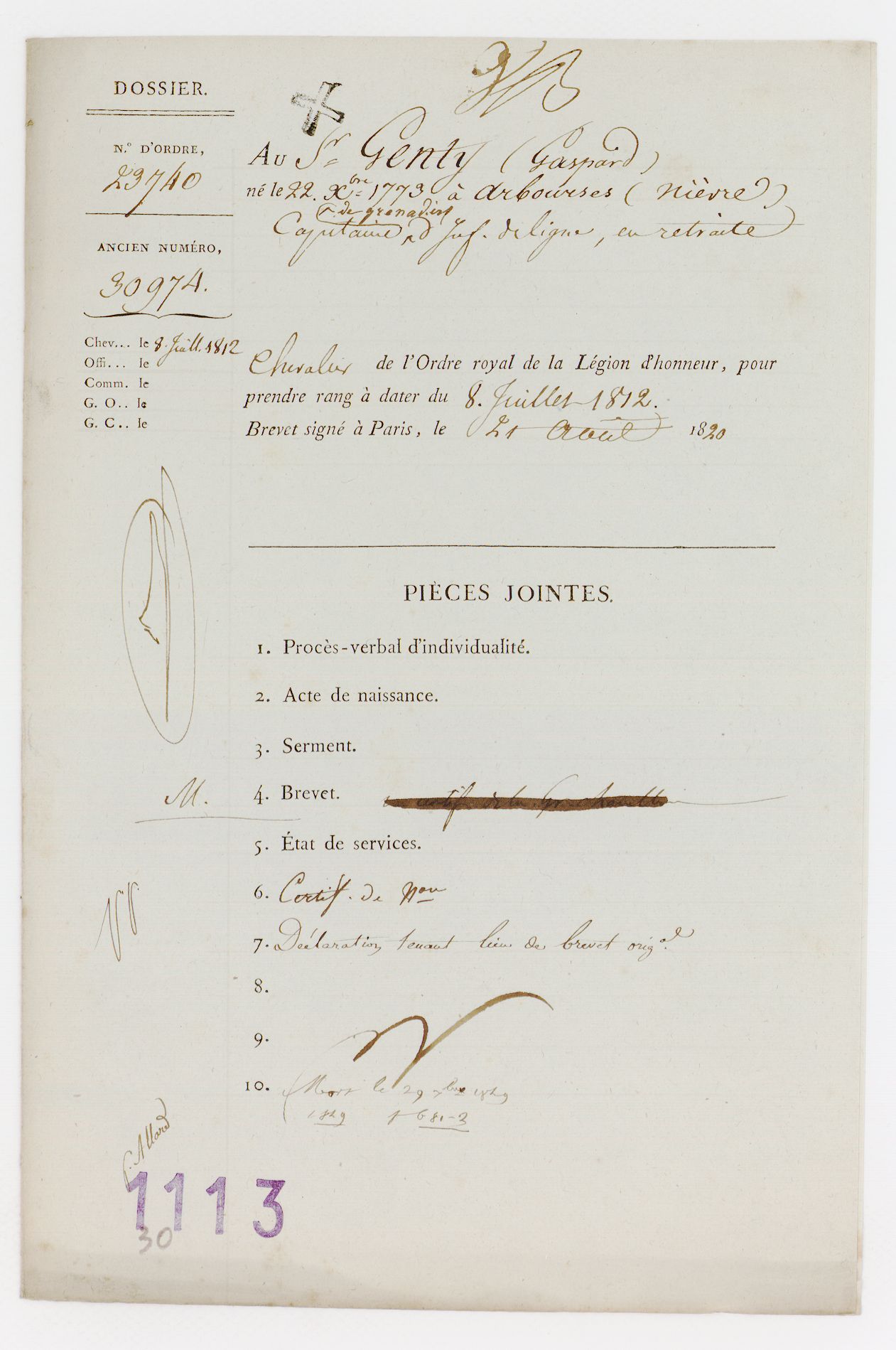 Genty, Gaspard (1773-....) (FranceArchives)