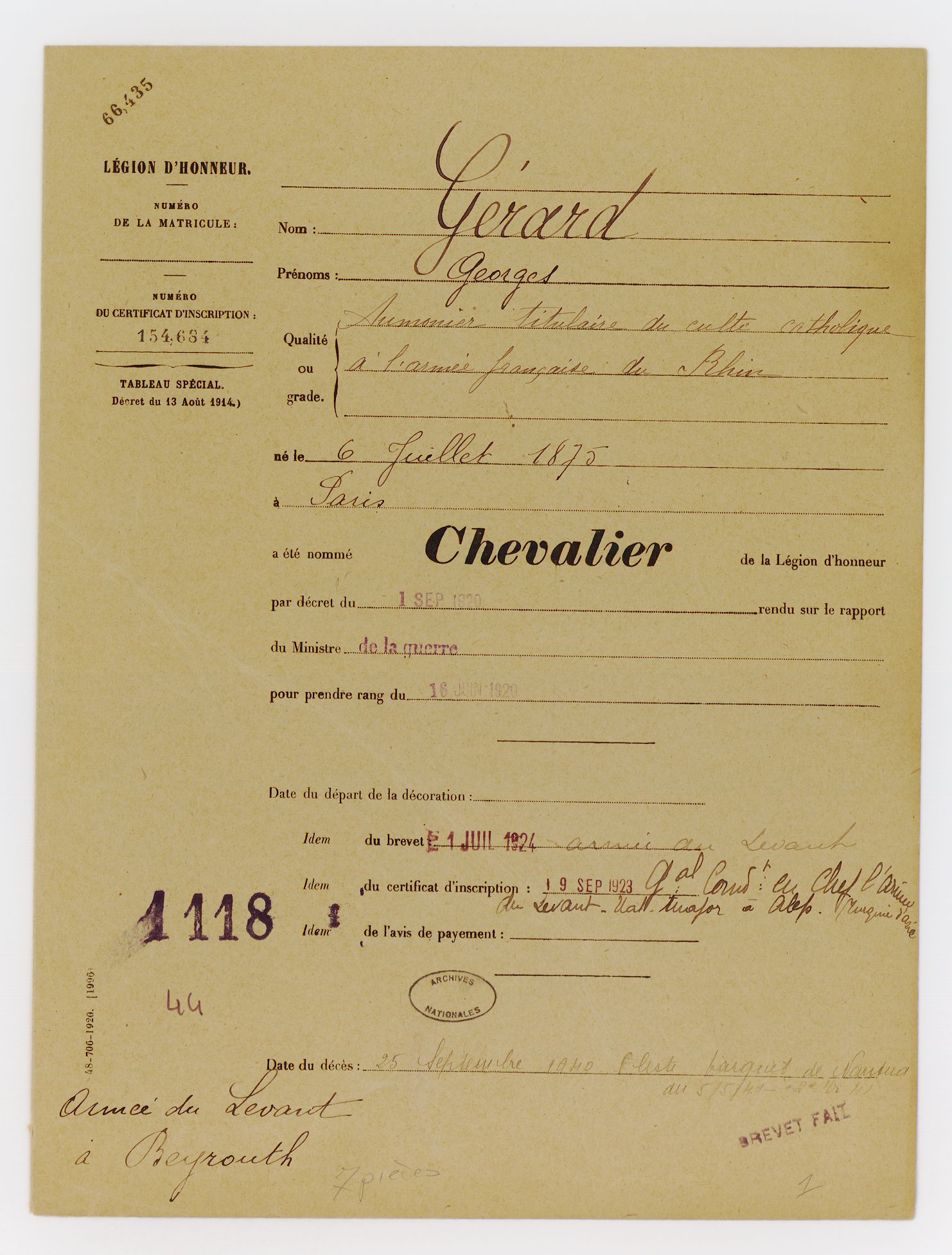 Gerard, Georges (1875-....) (FranceArchives)