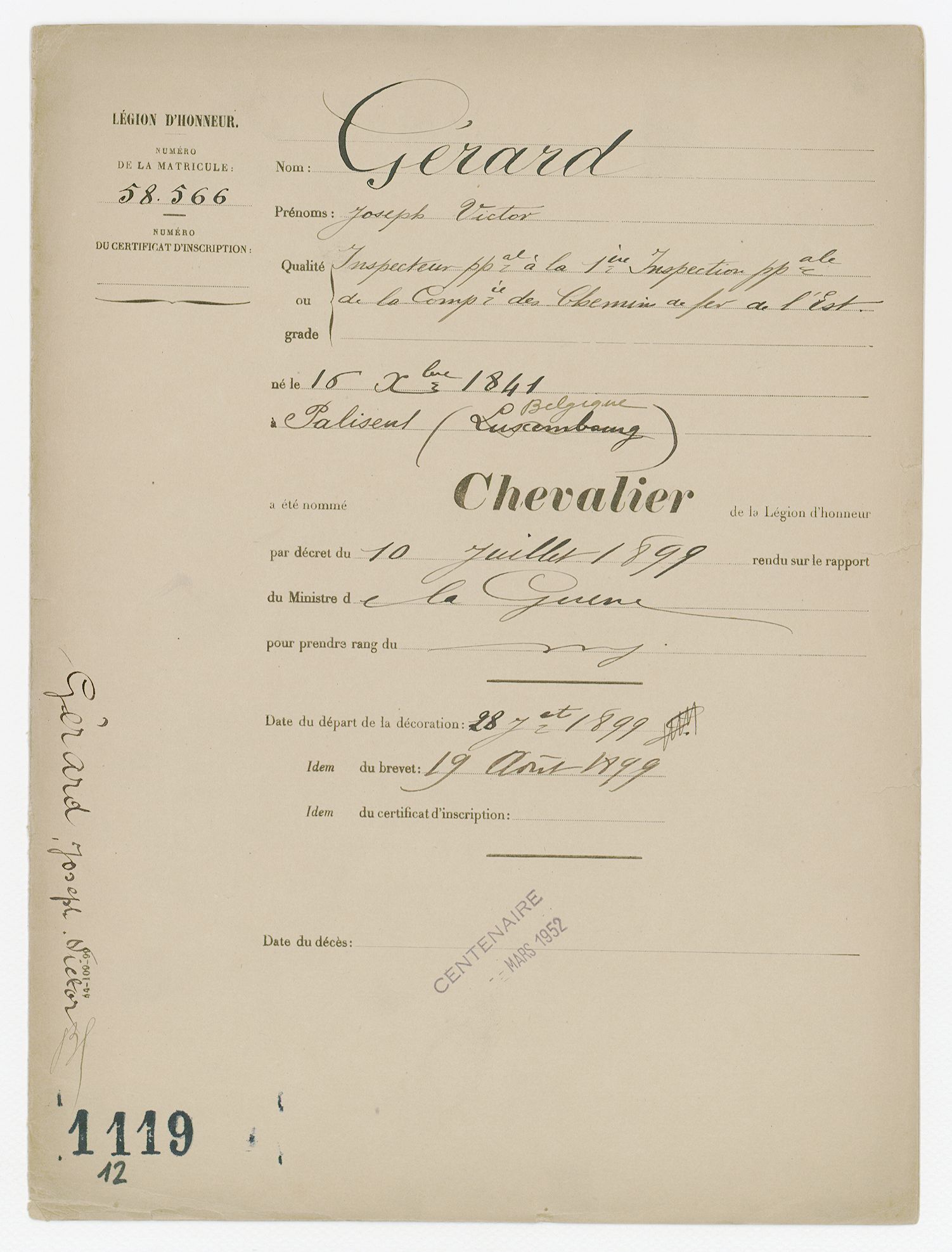 Gerard, Joseph Victor (1841-....) (FranceArchives)