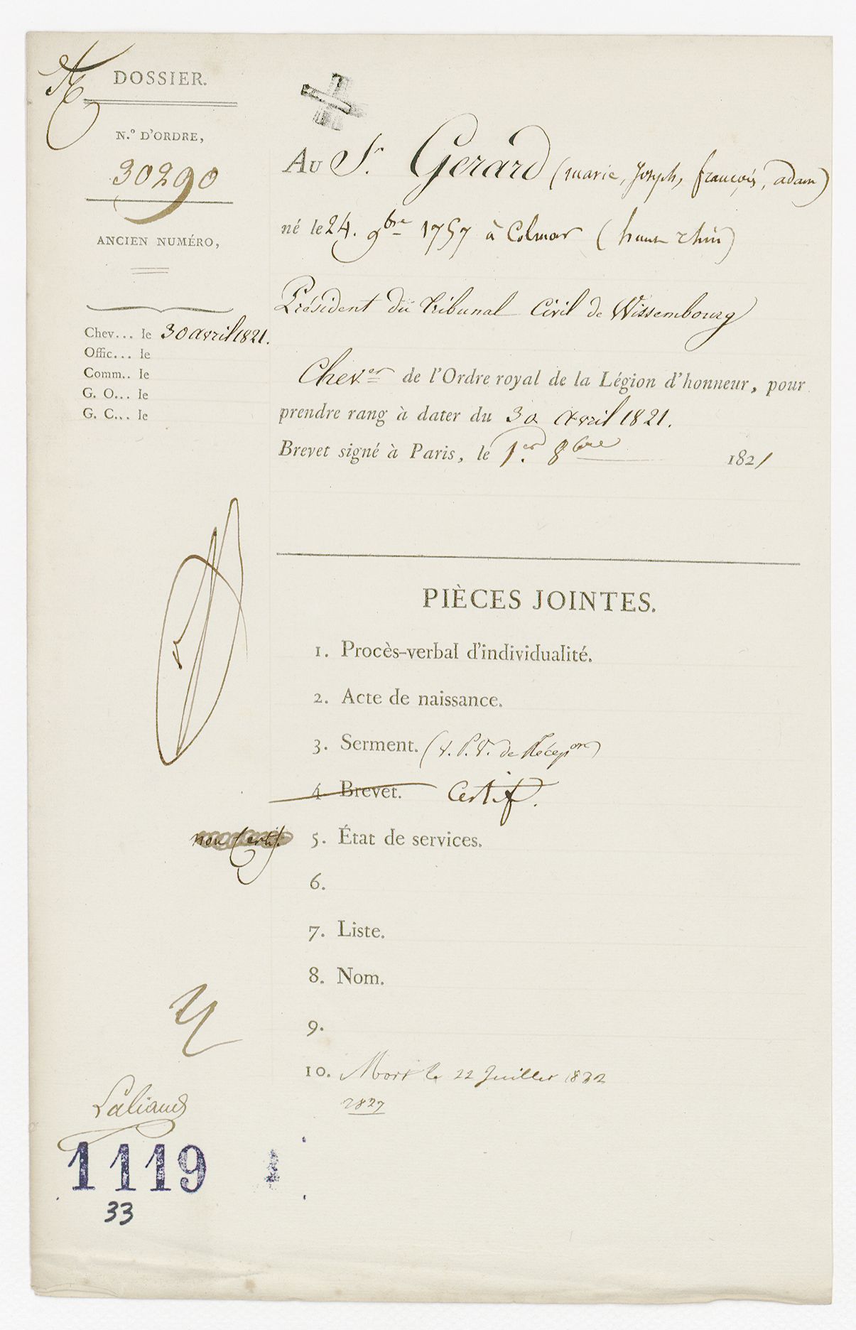 Gerard, Marie Joseph François Adam (1757-....) (FranceArchives)