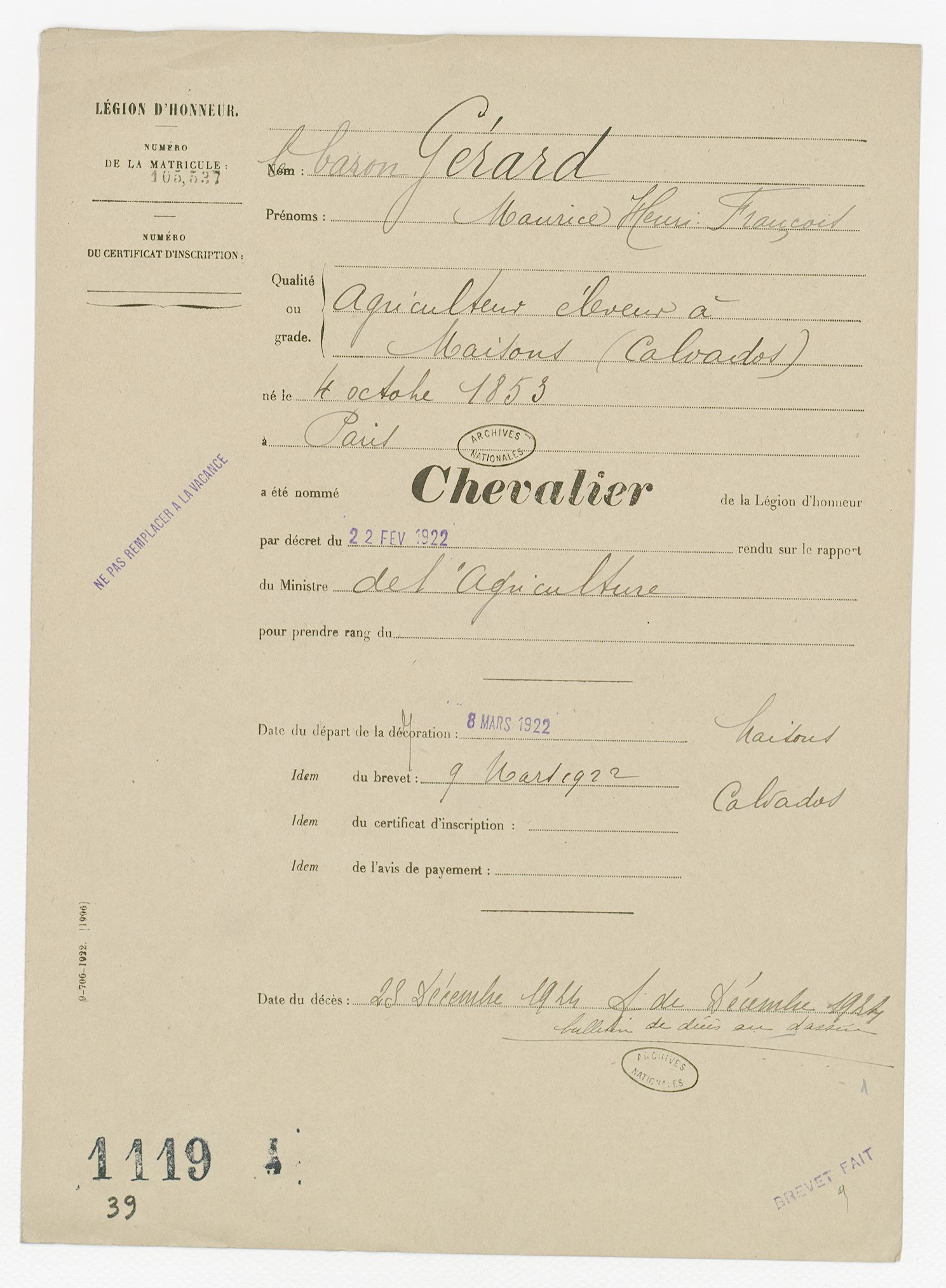 Gerard, Maurice Henri François (1853-....) (FranceArchives)