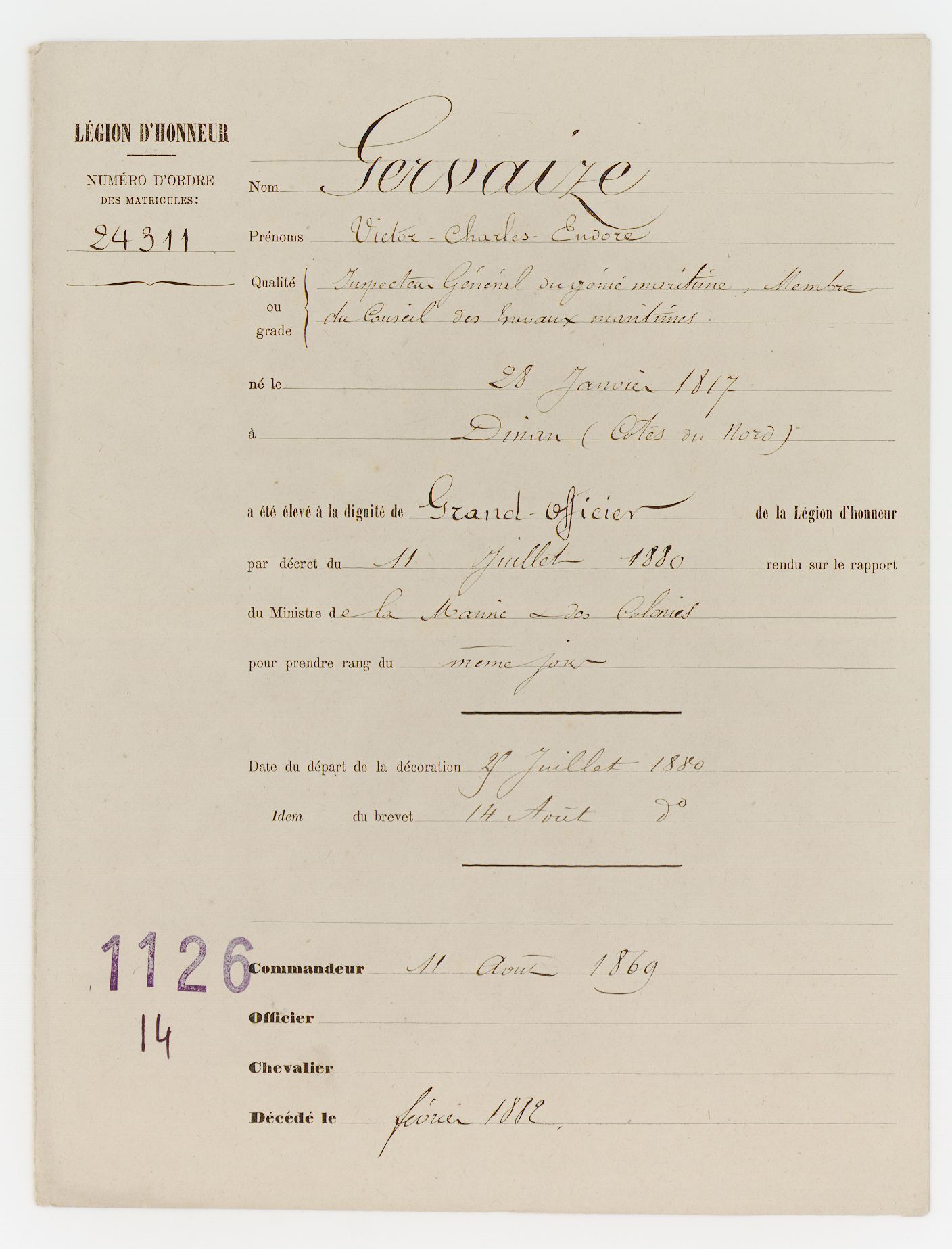 Gervaize, Victor Charles Eudore (1817-....) (FranceArchives)