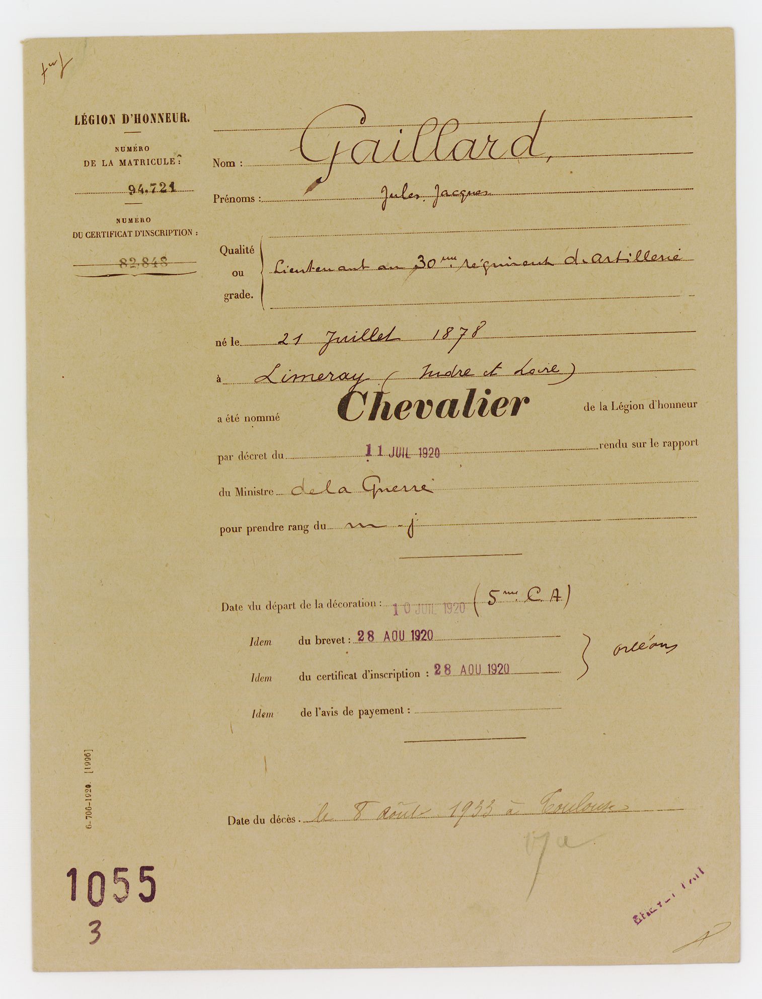 Gaillard, Jules Jacques (1878-....) (FranceArchives)