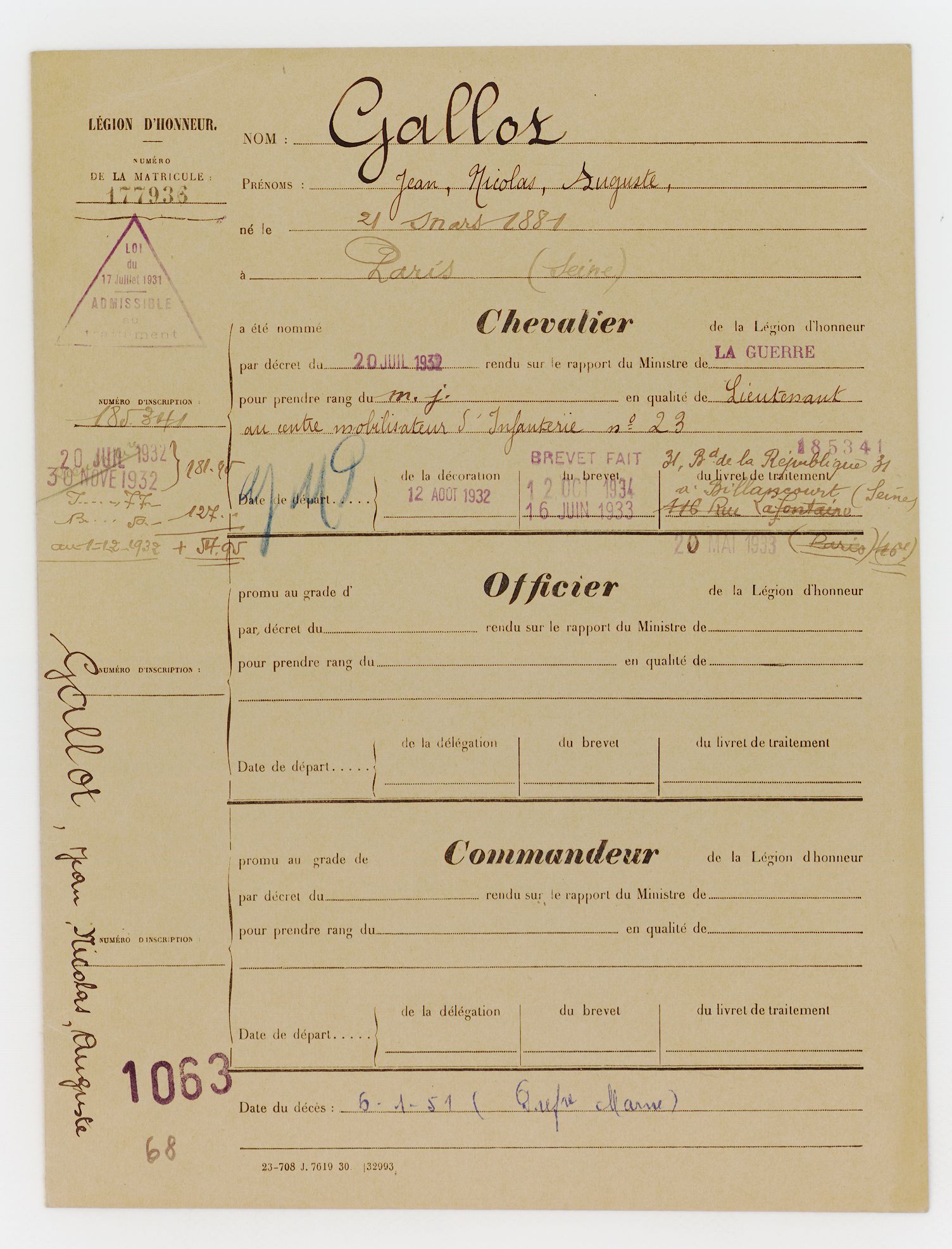 Gallot, Jean Nicolas Auguste (1881-....) (FranceArchives)
