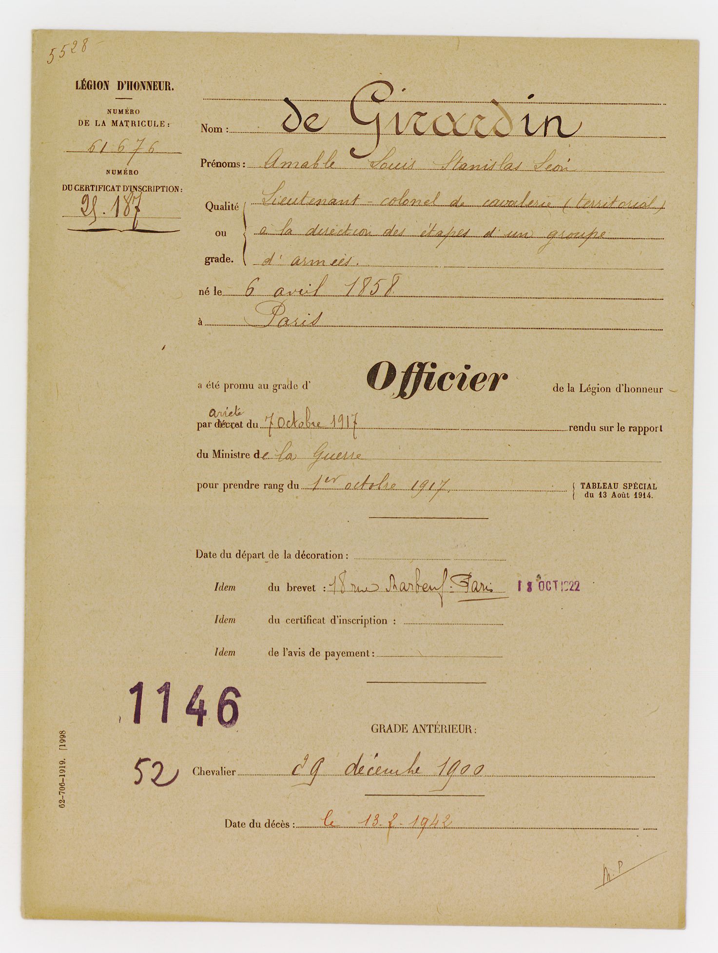 Girardin De, Amable Louis Stanislas Léon (1858-....) (FranceArchives)