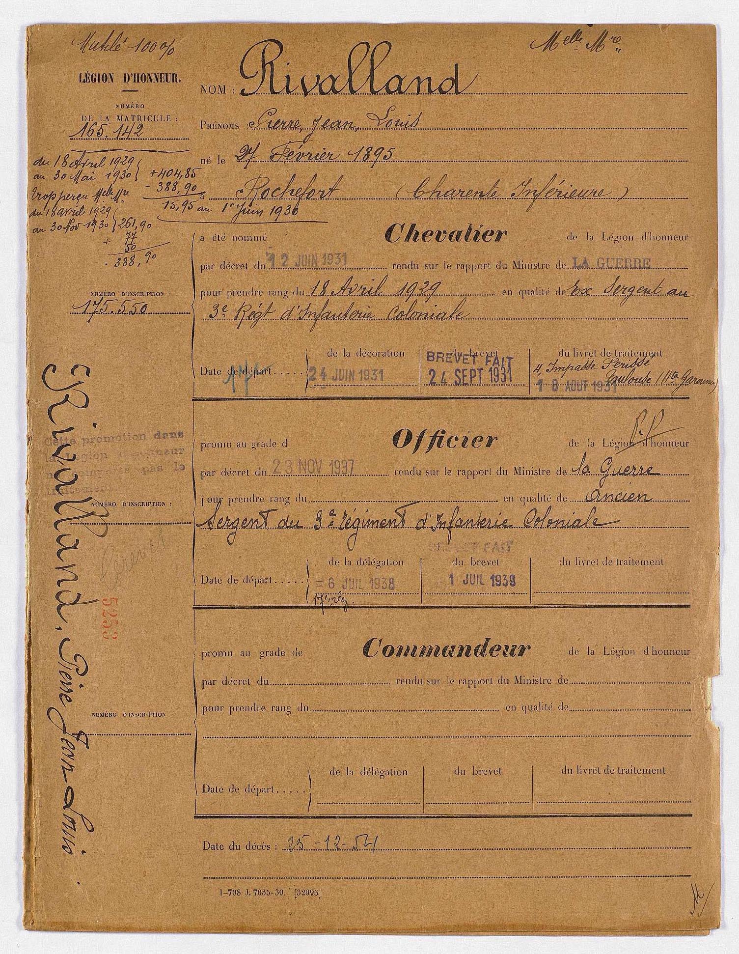 Rivalland, Pierre Jean Louis (1895-....) (FranceArchives)