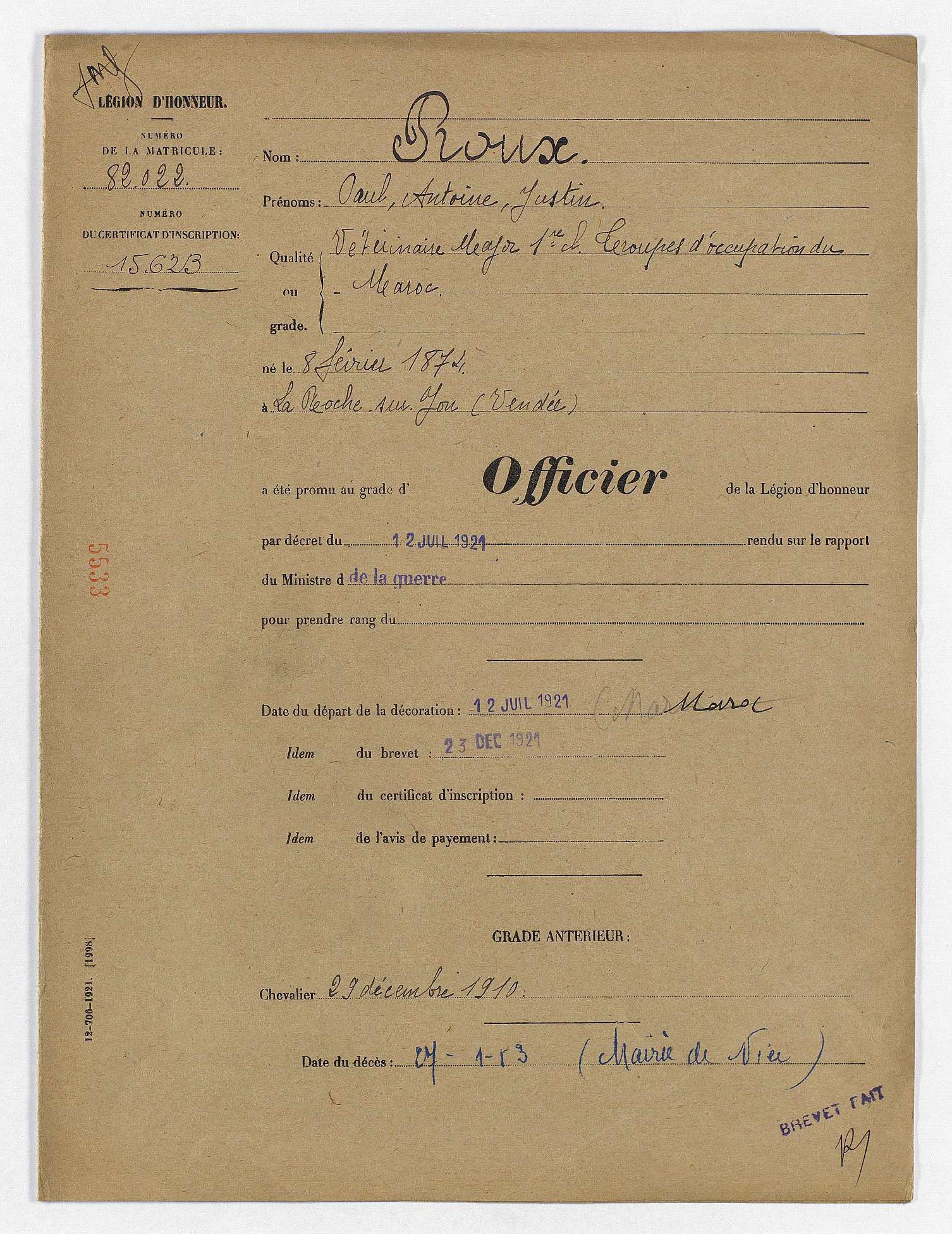 Roux, Paul Antoine Justin (1874-....) (FranceArchives)