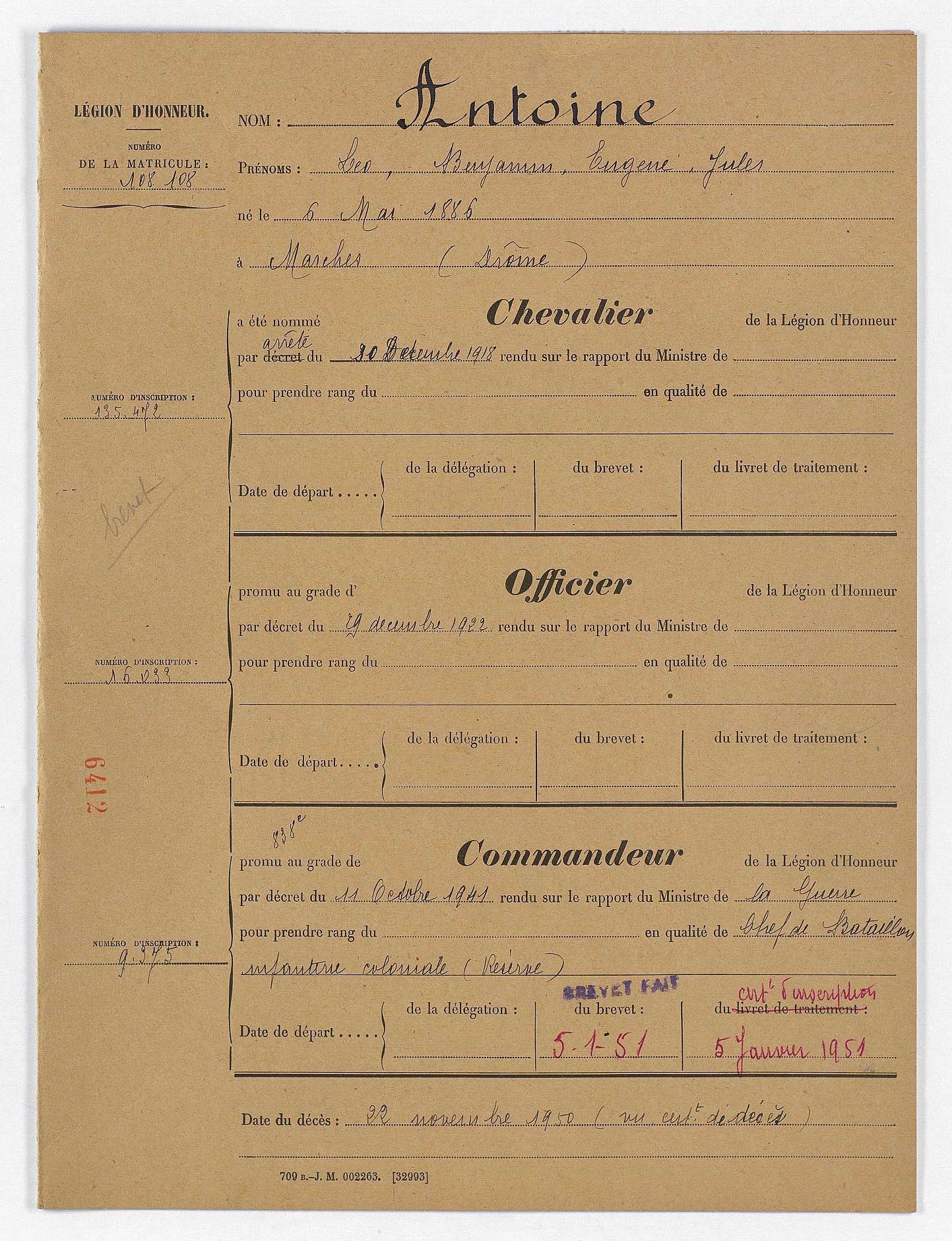 Antoine, Léo Benjamin Eugèen Jules (1886-....) (FranceArchives)