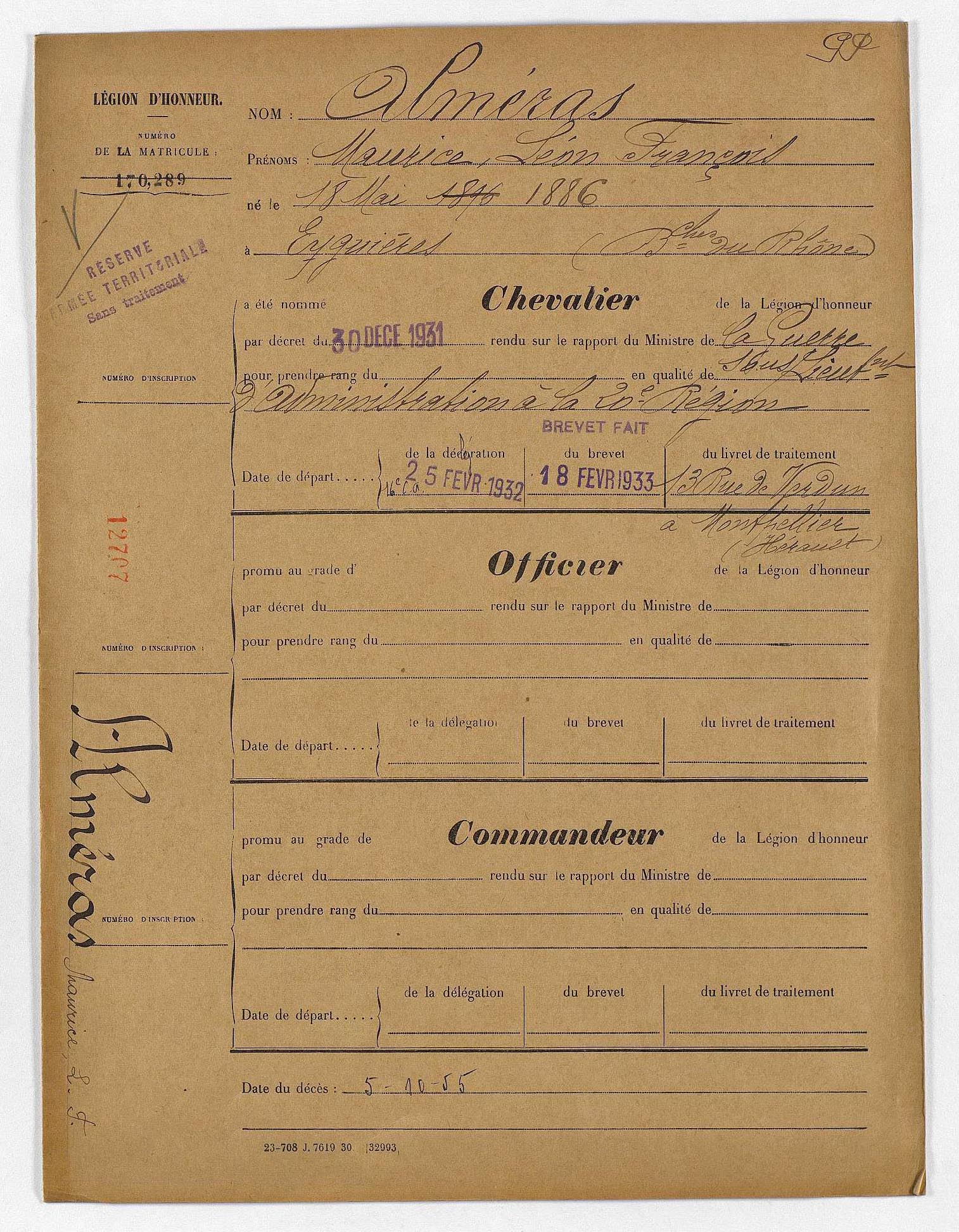 Alméras, Maurice Léon François (1886-....) (FranceArchives)