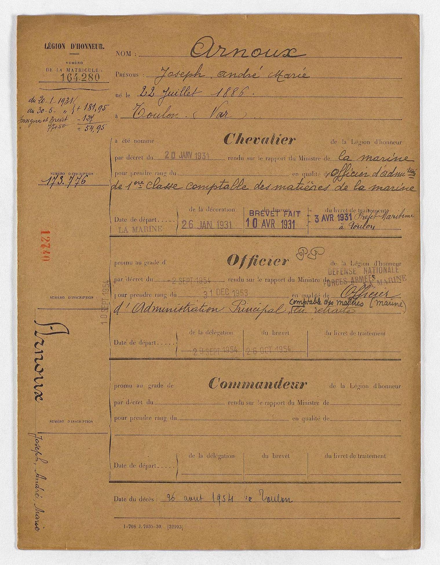 Arnoux, Joseph André Marie (1886-....) (FranceArchives)