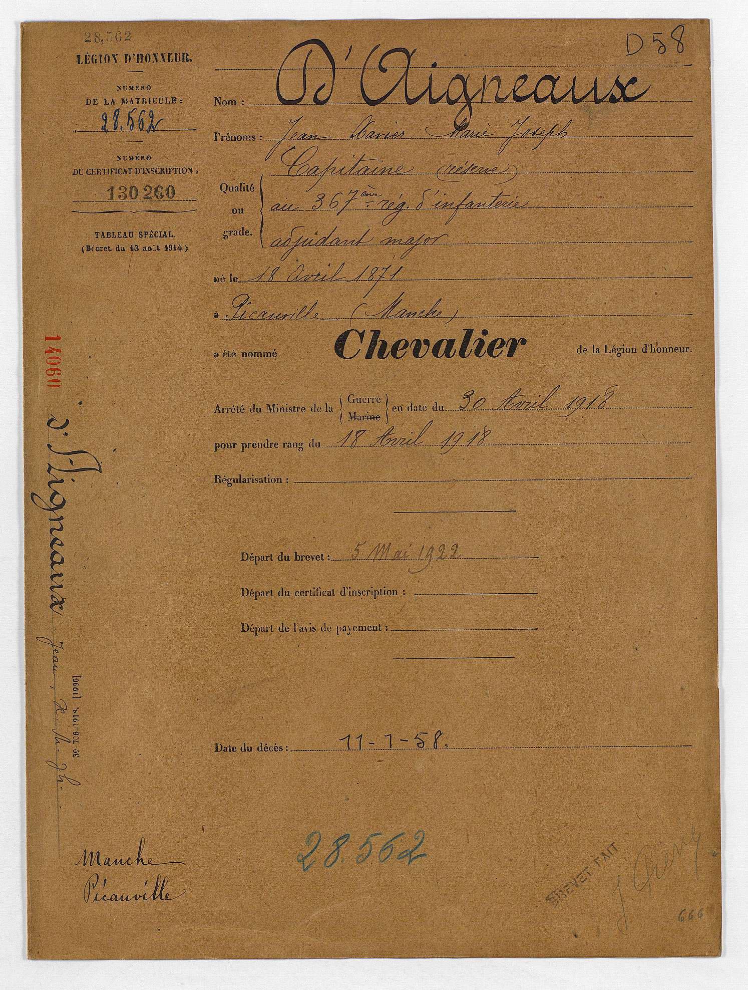 Aigneaux D', Jean Xavier Marie Joseph (1871-....) (FranceArchives)