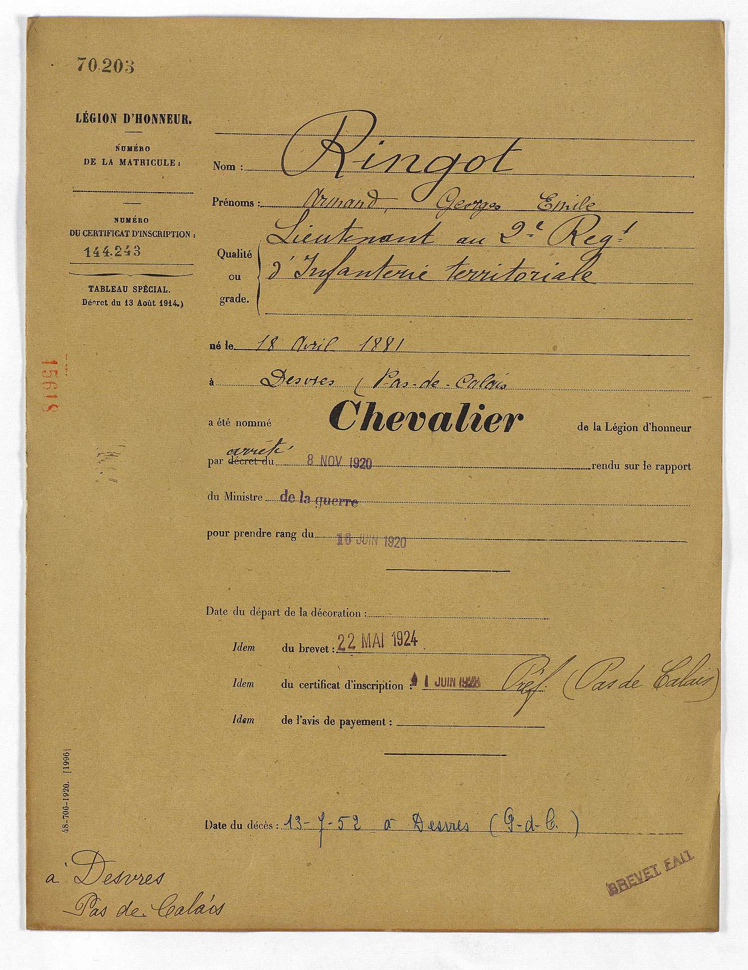 Ringot, Armand Georges Emile (1881-....) (FranceArchives)