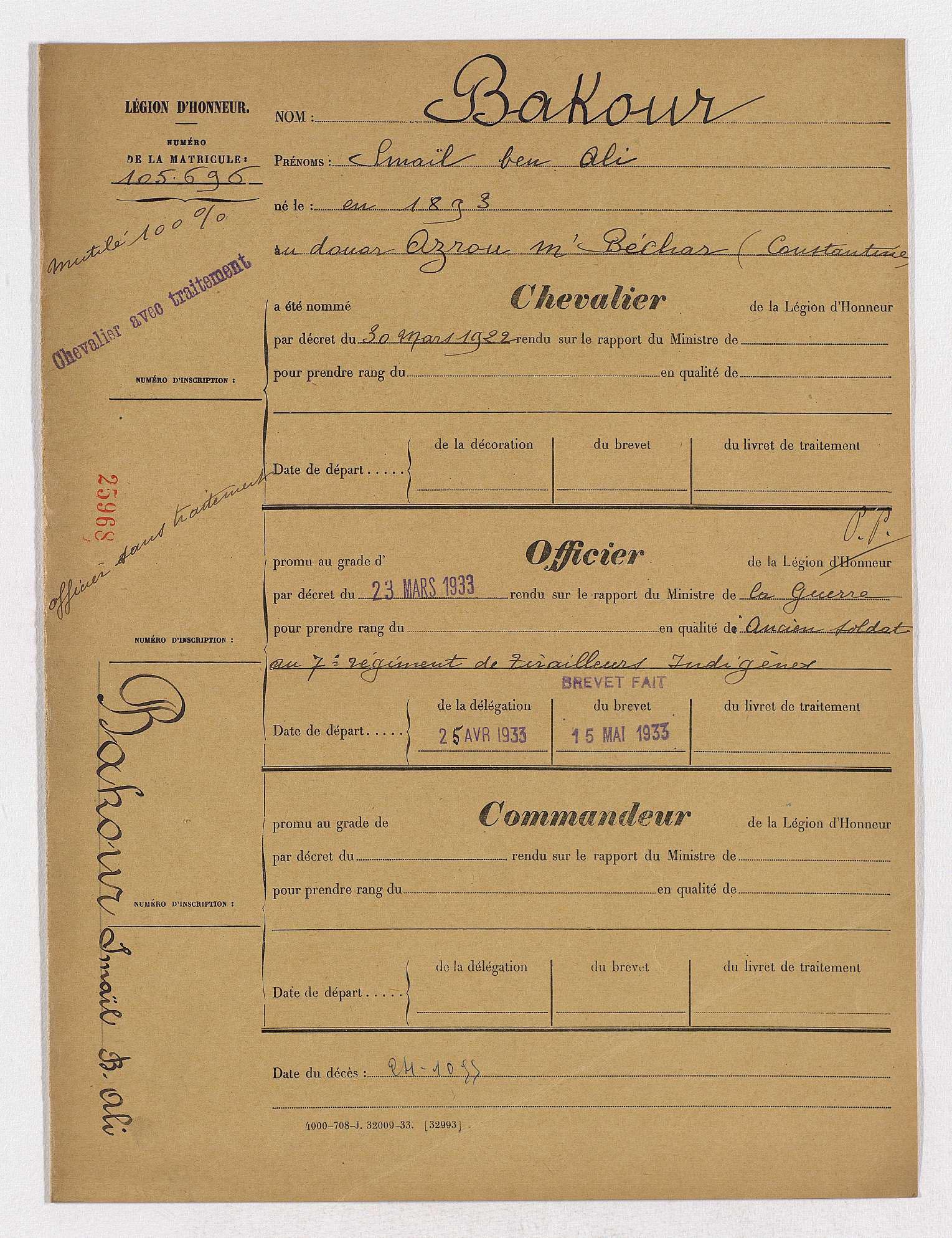 Bakour, Smaïl Ben Ali (1893-....) (FranceArchives)